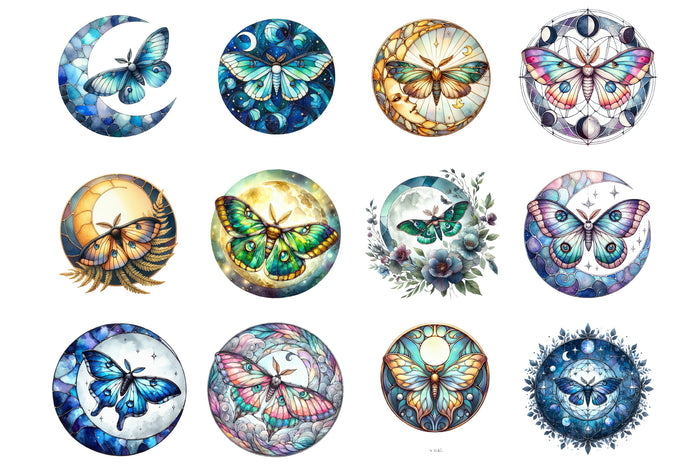 Lunar Moth & Moon Stained Glass Design Clipart Bundle