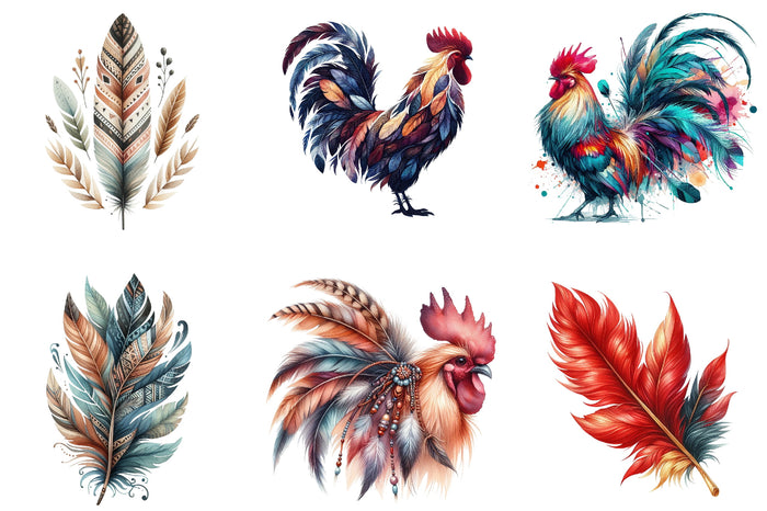Boho Rooster Colored Feathers Clipart Bundle