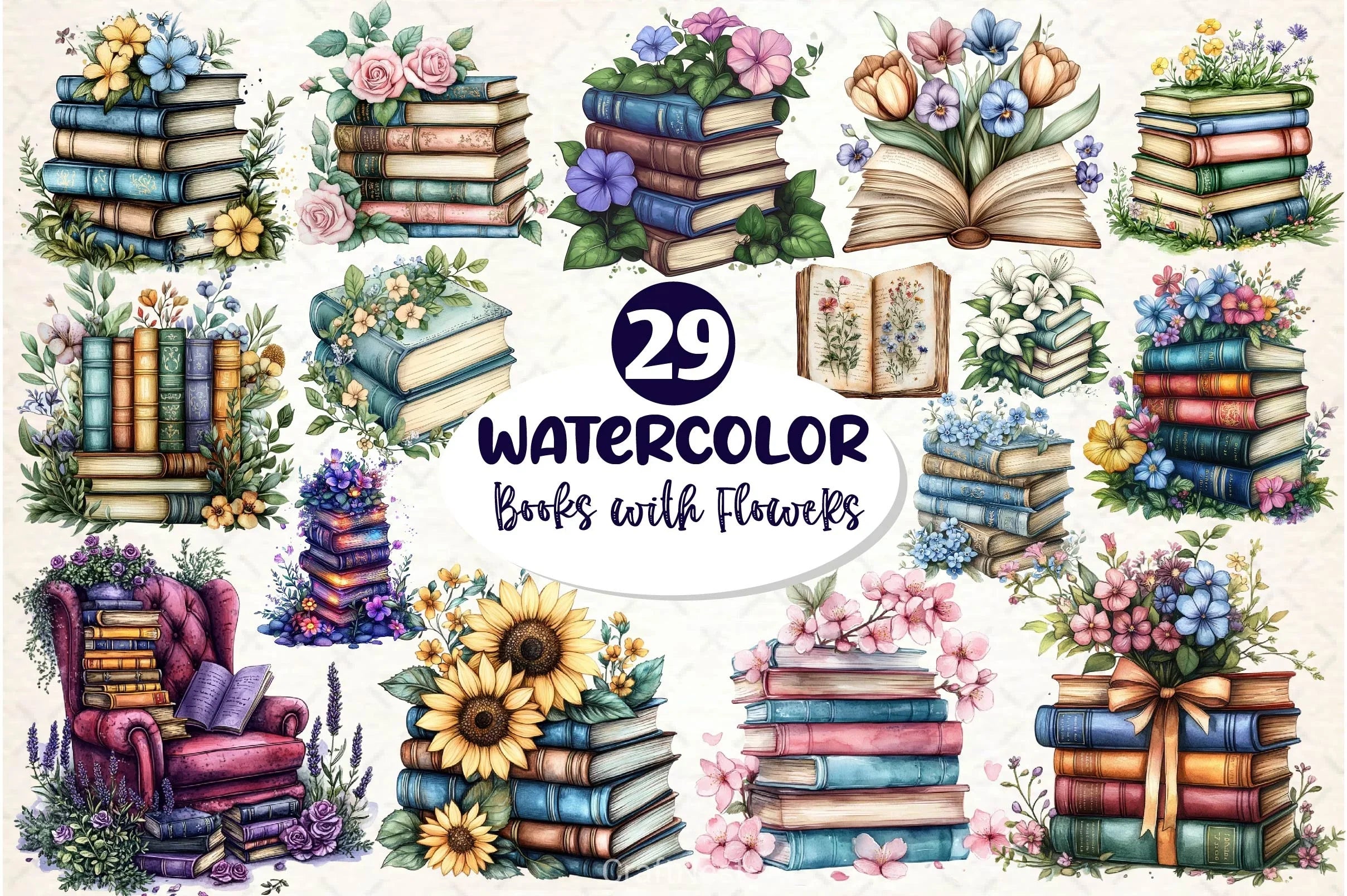 Pretty Books With Flowers Clipart Bundle