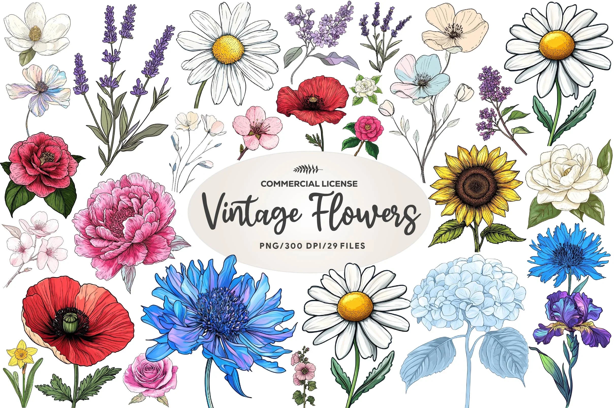 Vintage Single Flowers Clipart Bundle