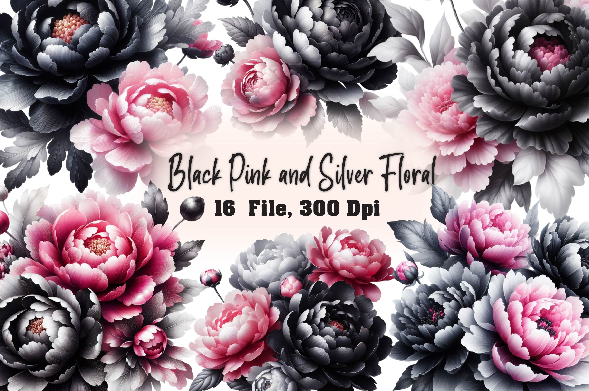 Black Pink And Silver Floral Clipart Bundle