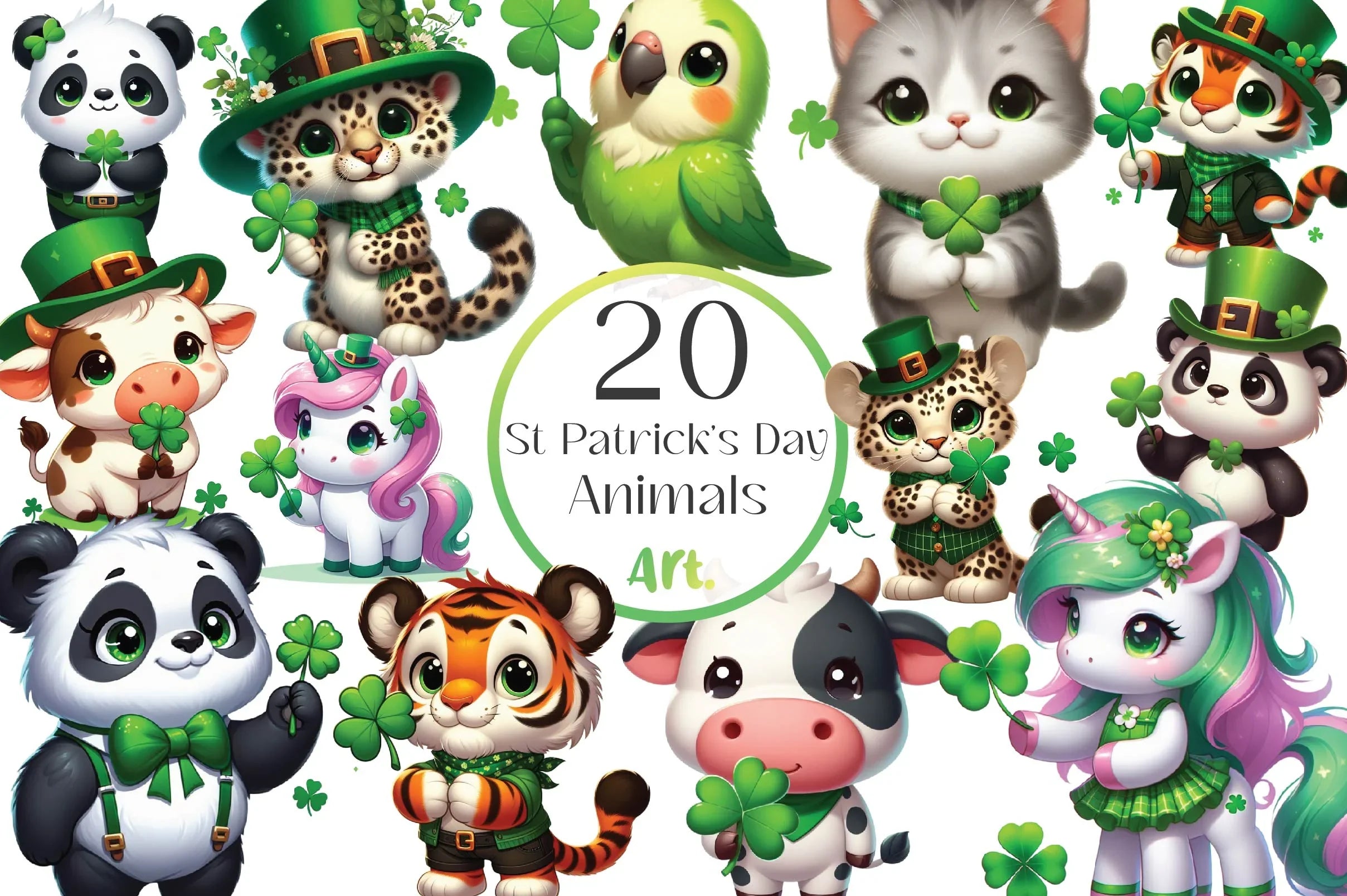 St Patricks Day Animals Clover Clipart Bundle