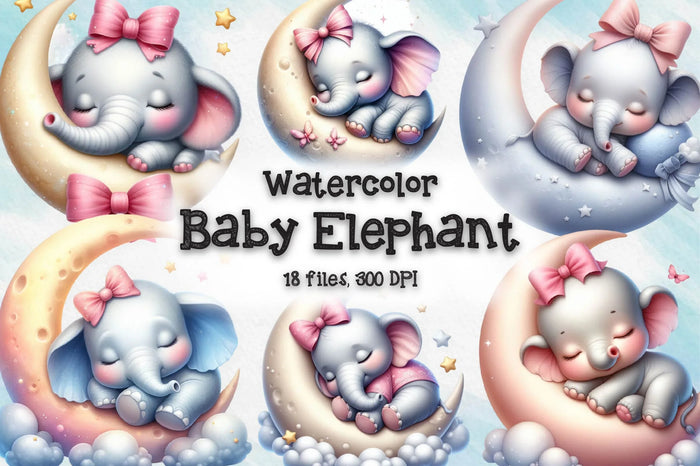 Watercolour Sleeping Baby Elephant Clipart Bundle