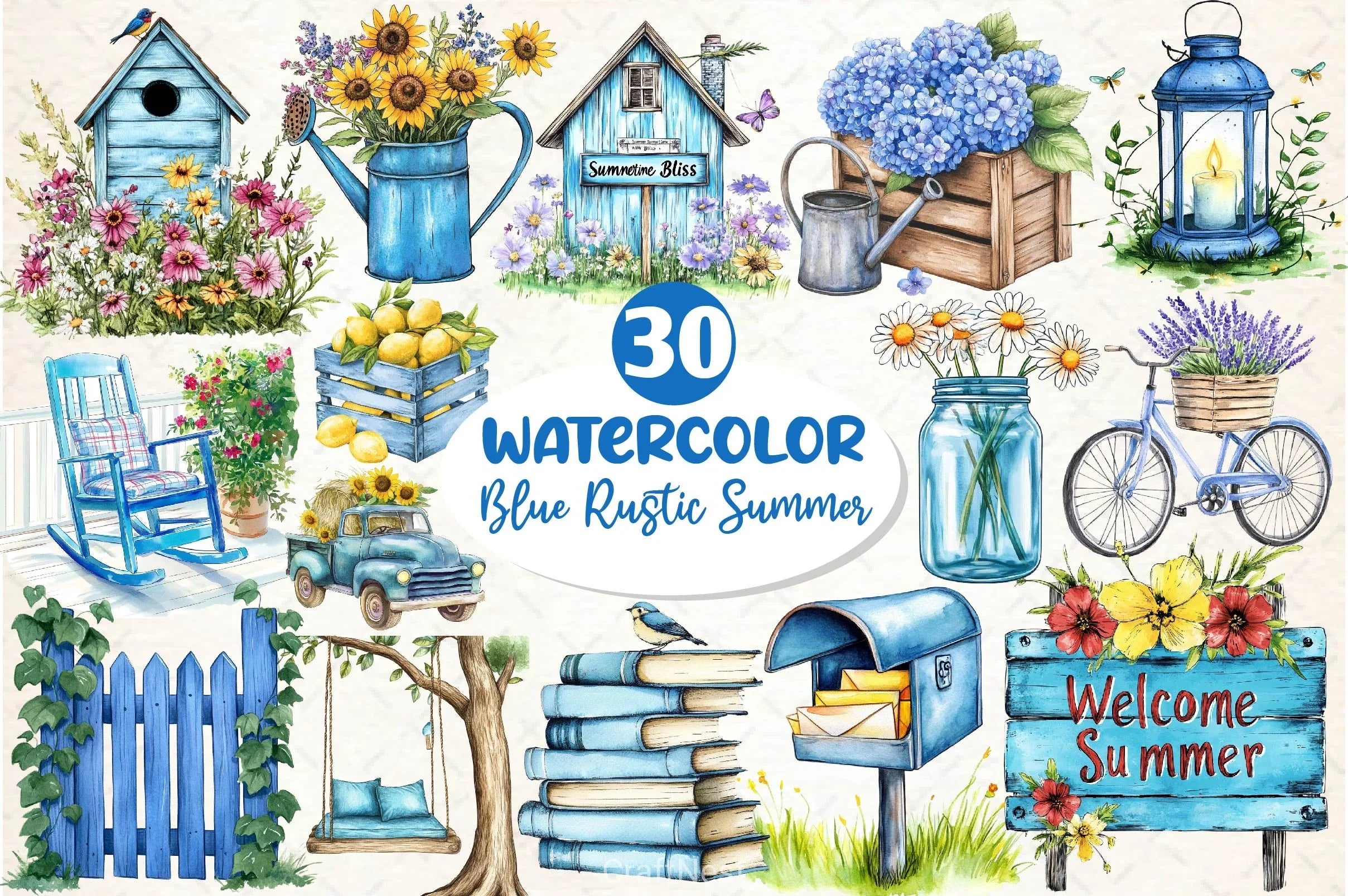 Blue Rustic Summer Clipart Bundle