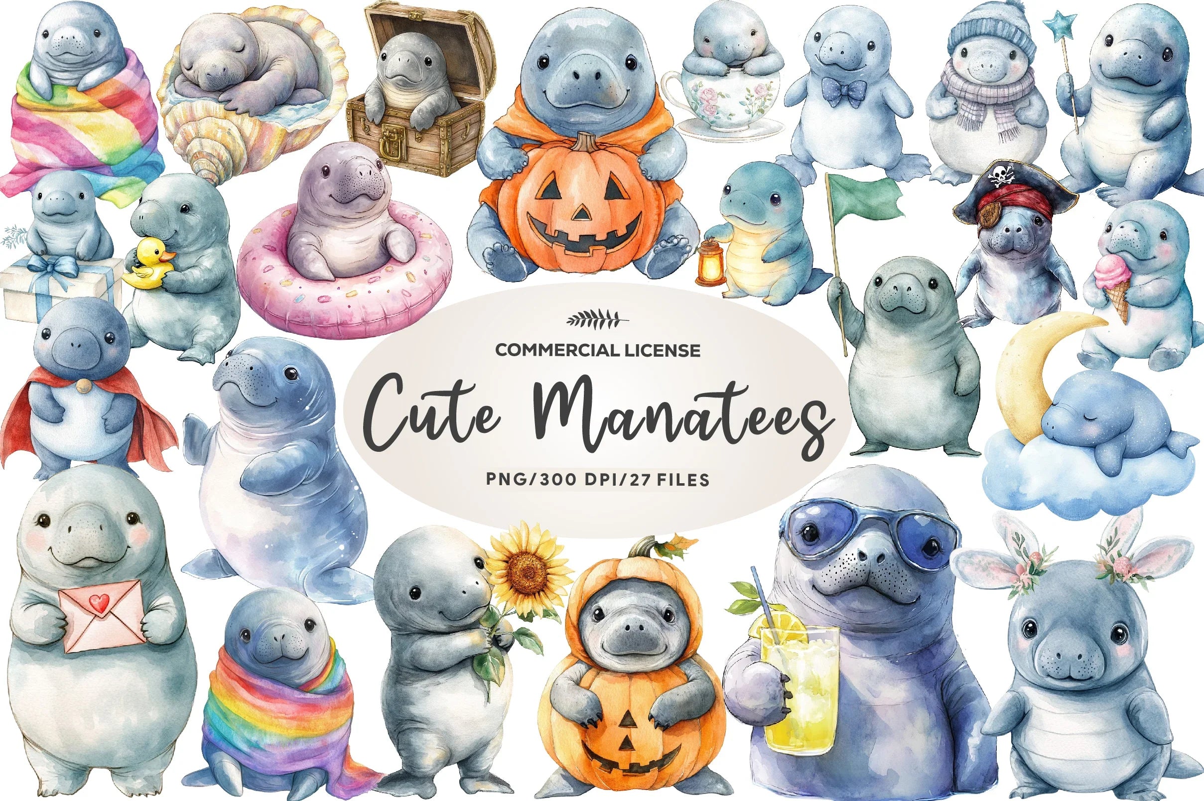 Cute Baby Manatees Clipart Bundle