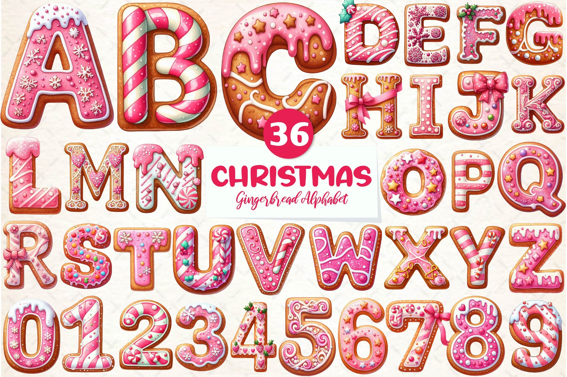 Pink Christmas Gingerbread Alphabet Clipart Bundle
