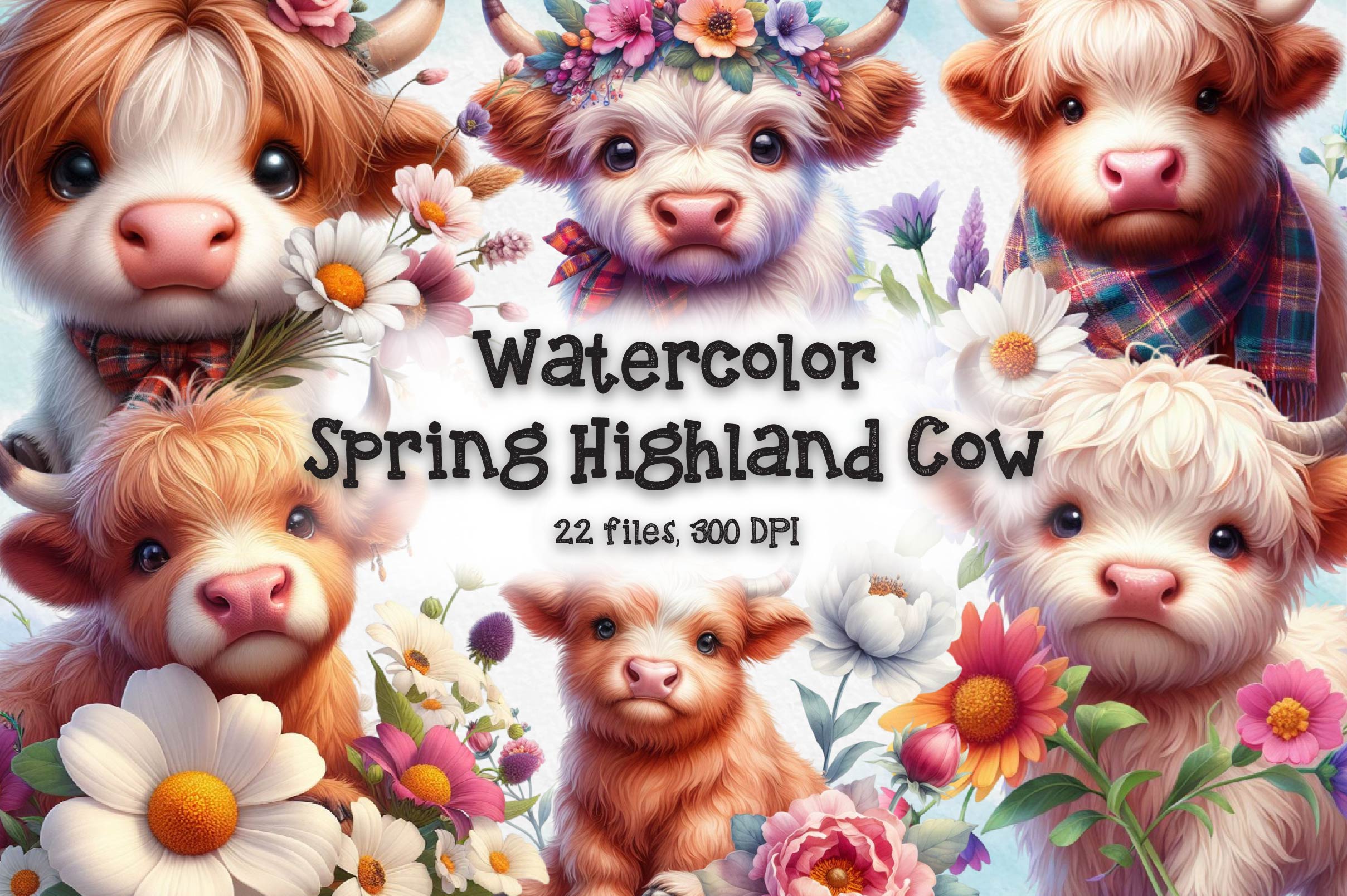 Spring Highland Cow Clipart Bundle