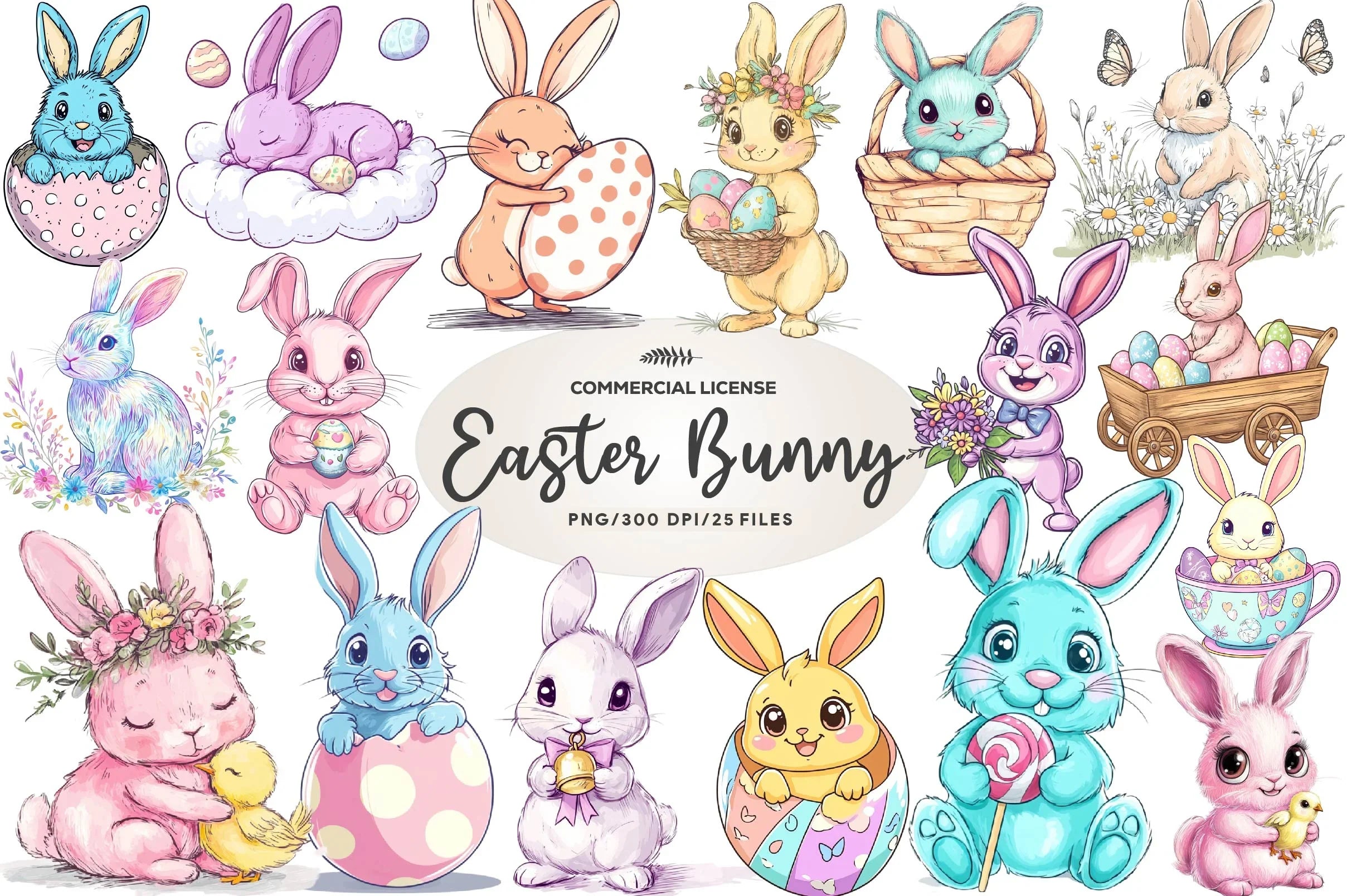 Cute Pastel Easter Bunny Clipart Bundle