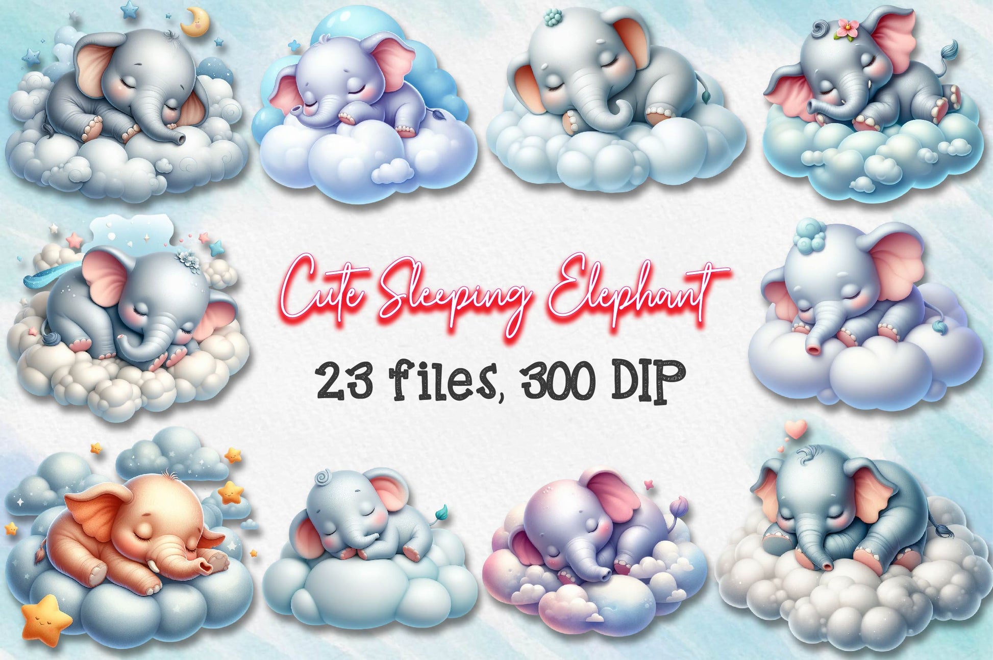 Sleeping Baby Elephant Clipart Bundle