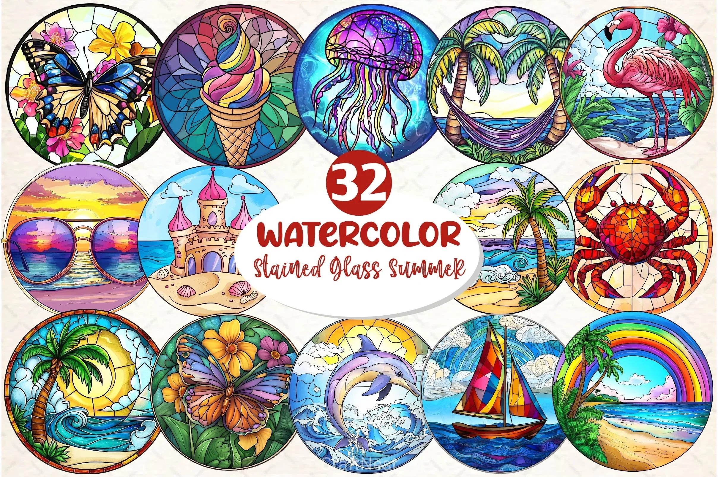 Round Stained Glass Summer Clipart Bundle