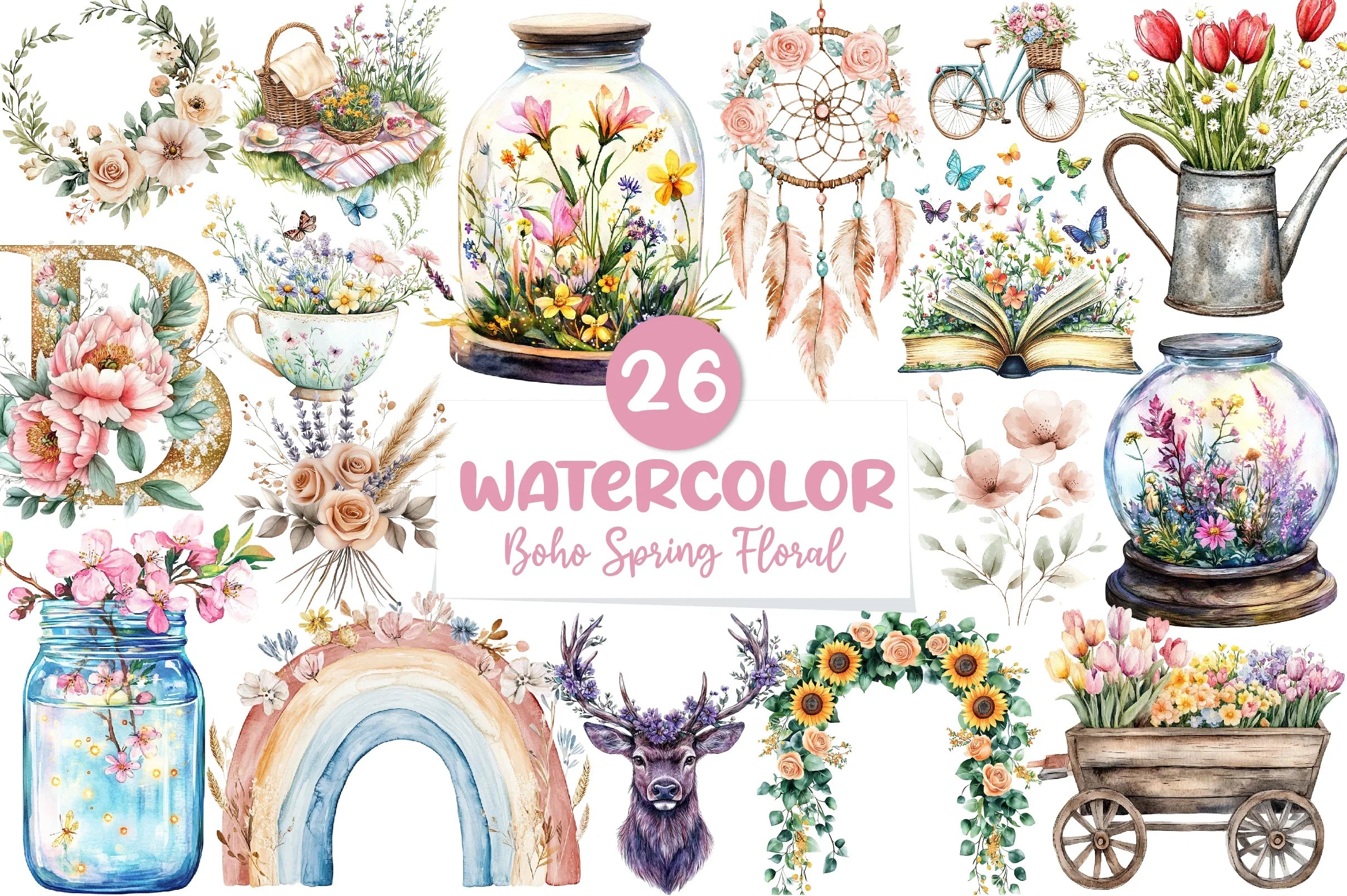 Boho Spring Floral Clipart Bundle