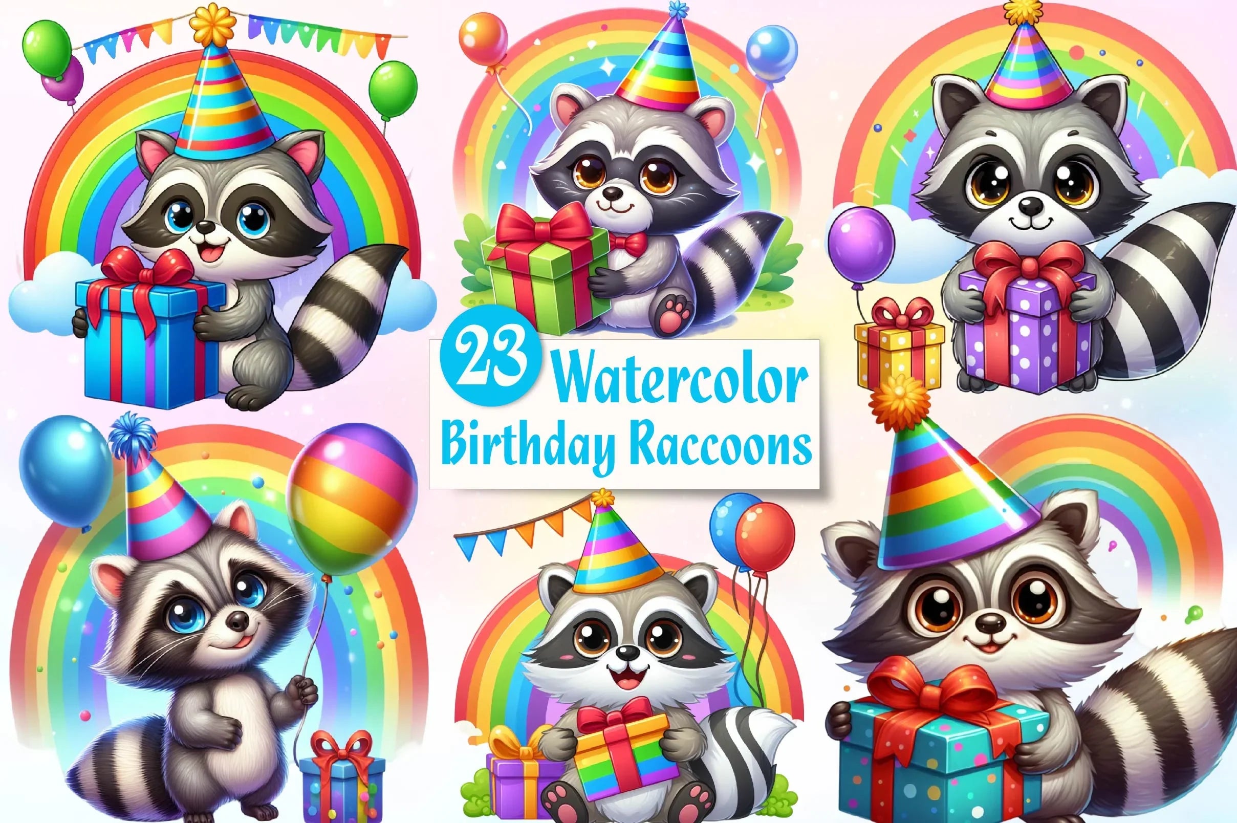 Cute Birthday Raccoons Set Clipart Bundle