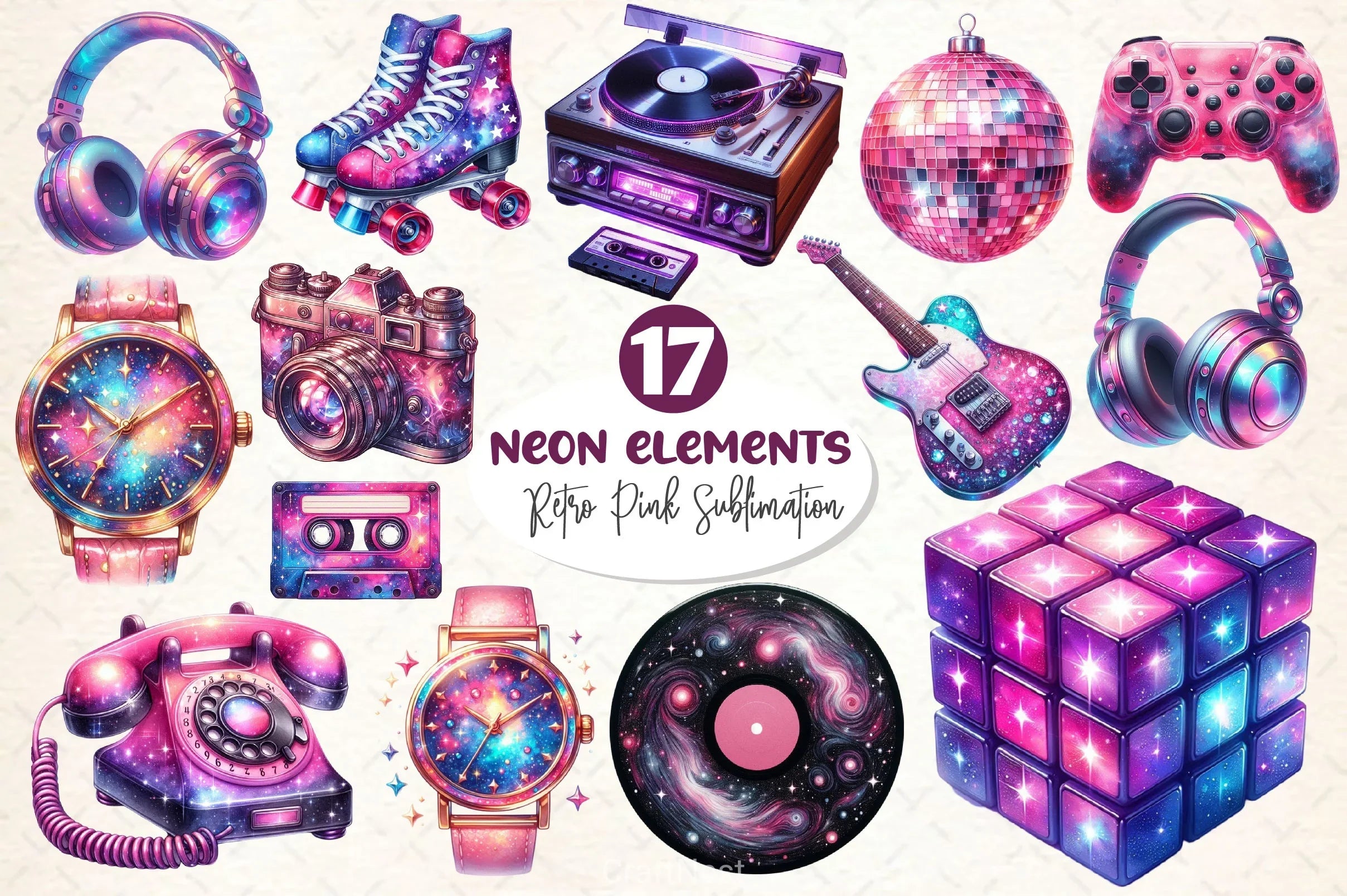 Neon Retro Pink Elements Clipart Bundle