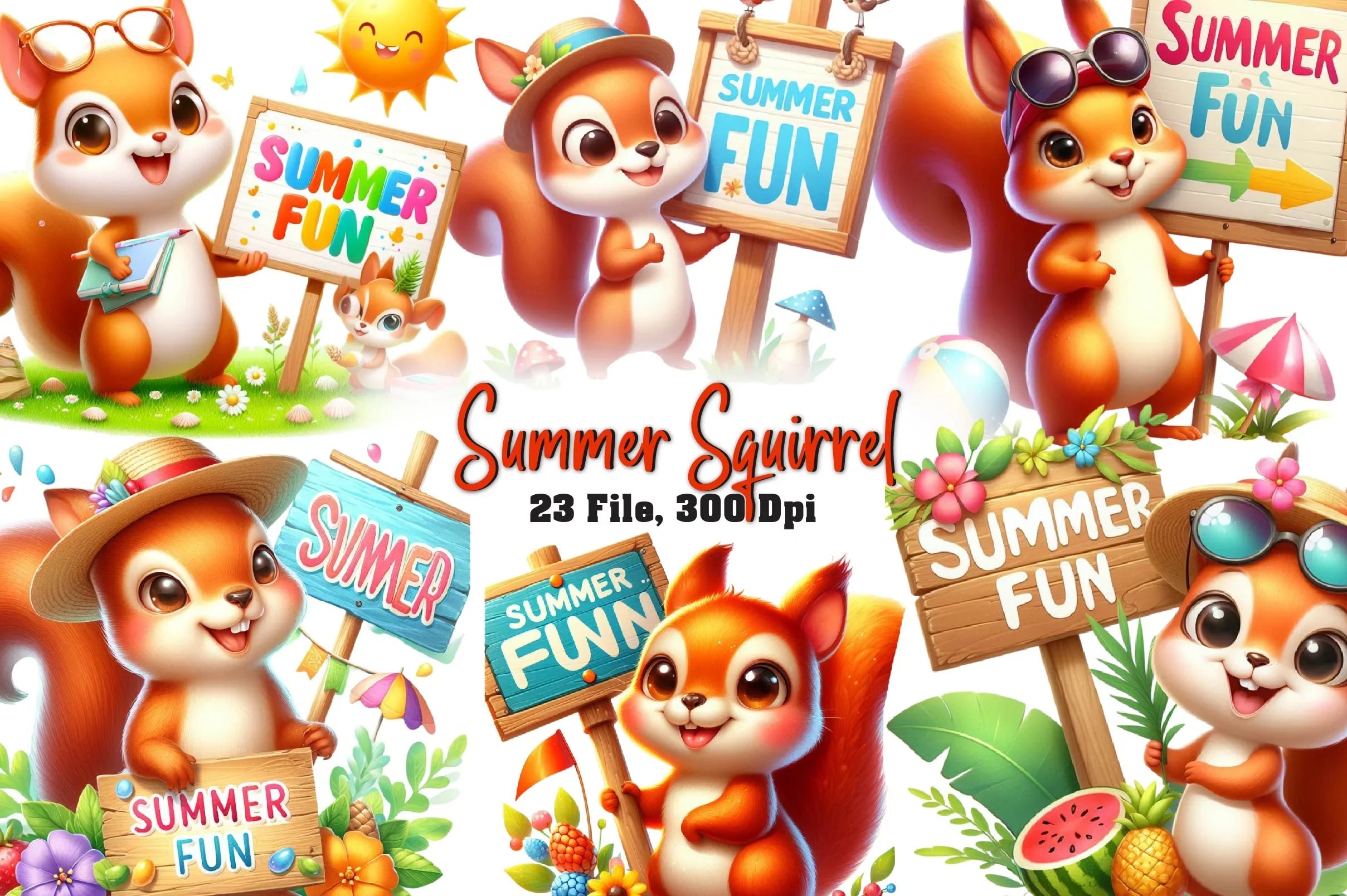 Summer Squirrel Clipart Bundle