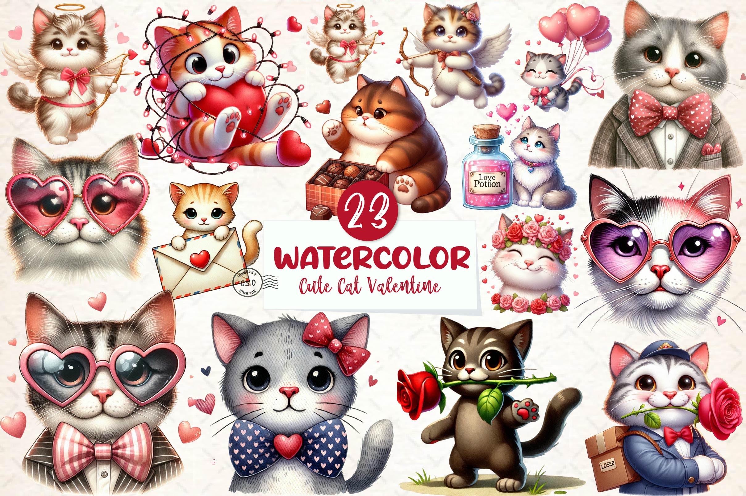 Cute Cat Valentine Clipart Bundle