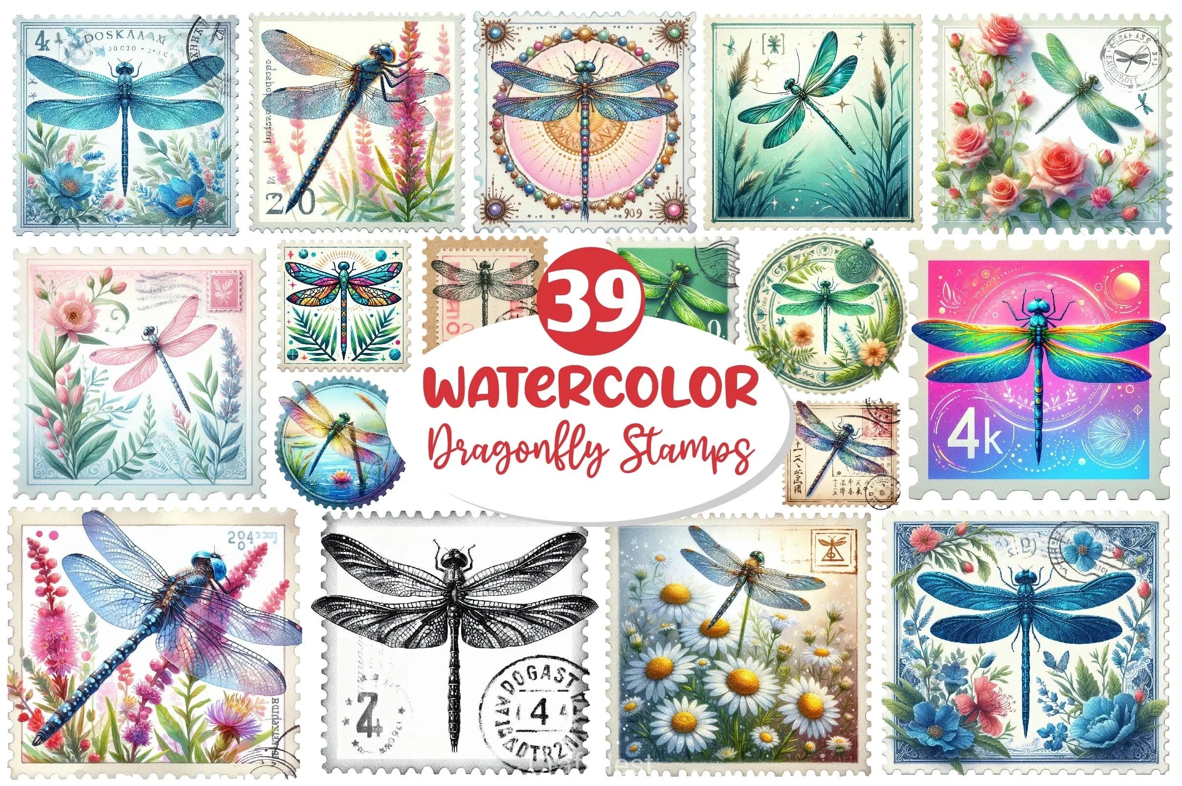Dragonfly Postage Stamps Clipart Bundle