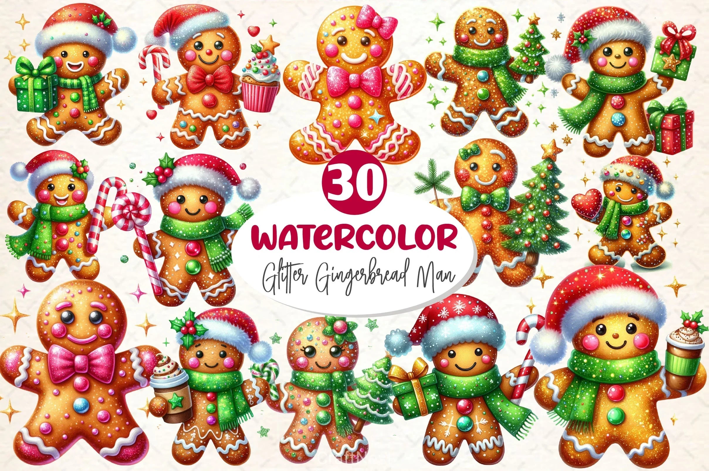 Glitter Gingerbread Man Clipart Bundle