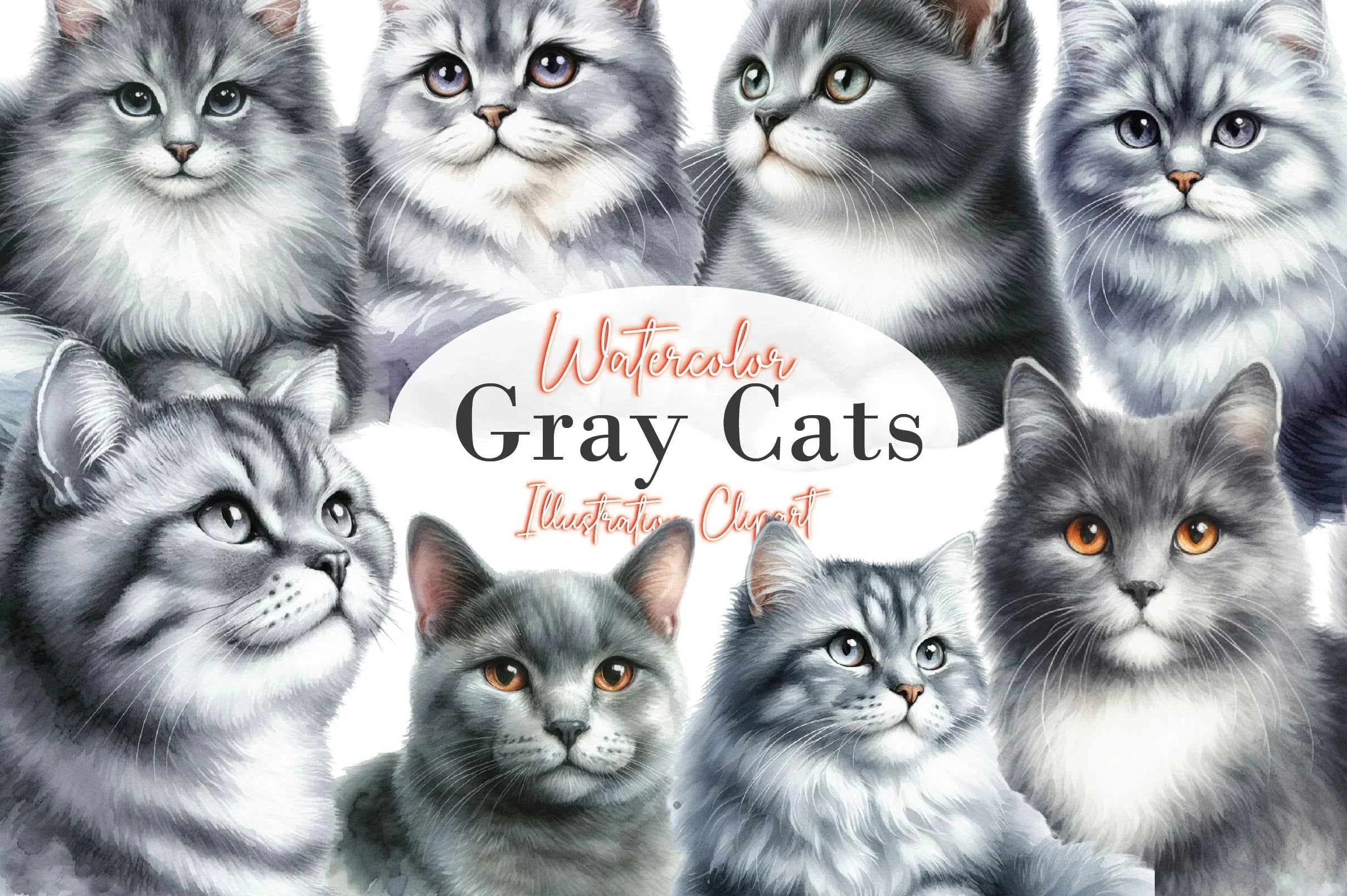 Gray Cats Clipart Bundle