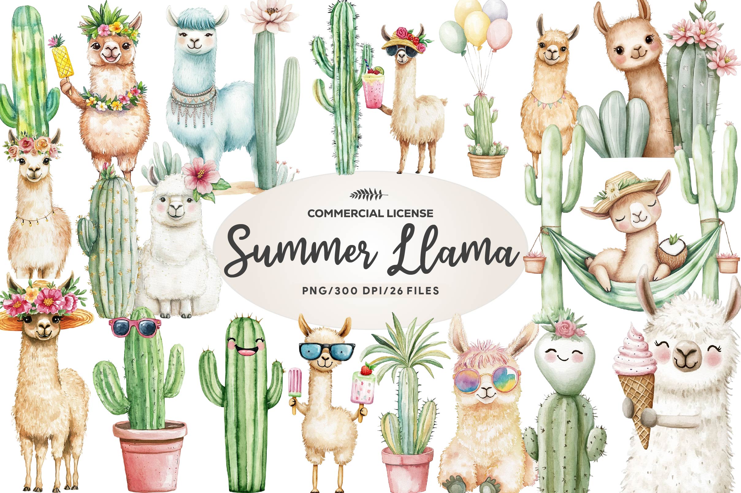 Adorable Summer Llama And Cactus Clipart Bundle