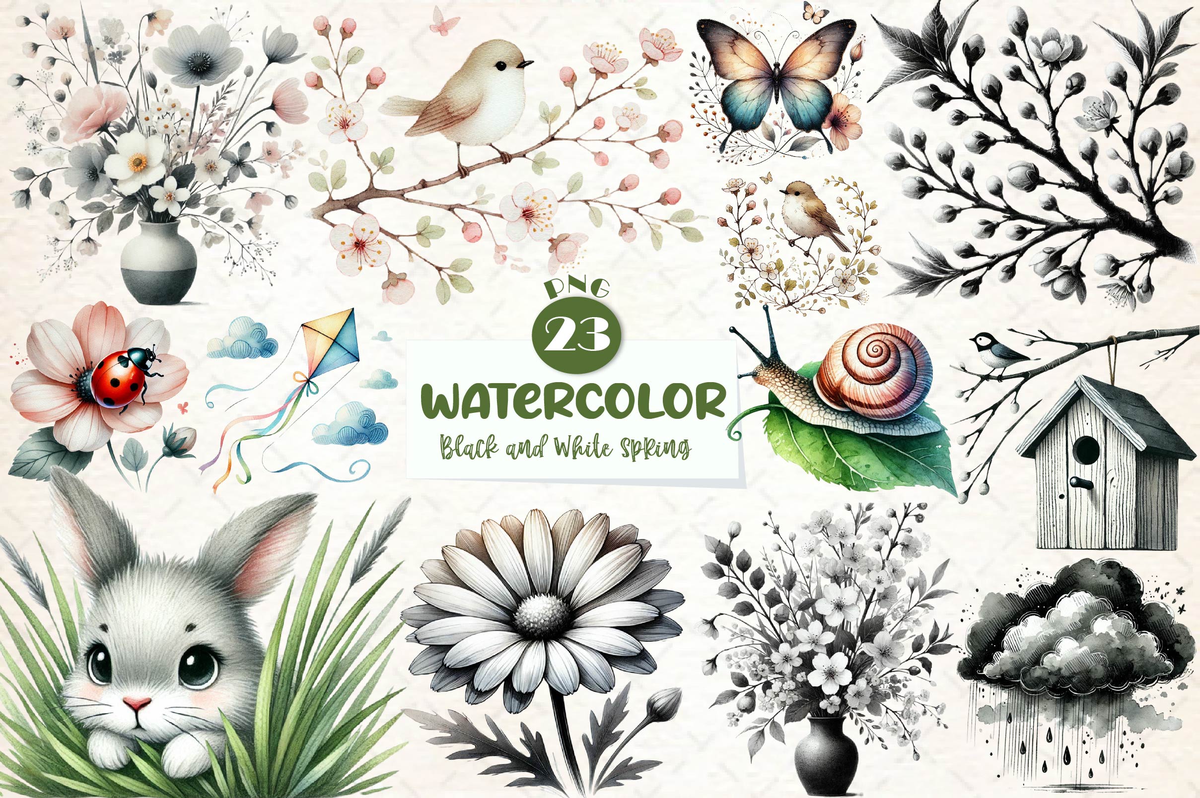 Black And White Spring Clipart Bundle