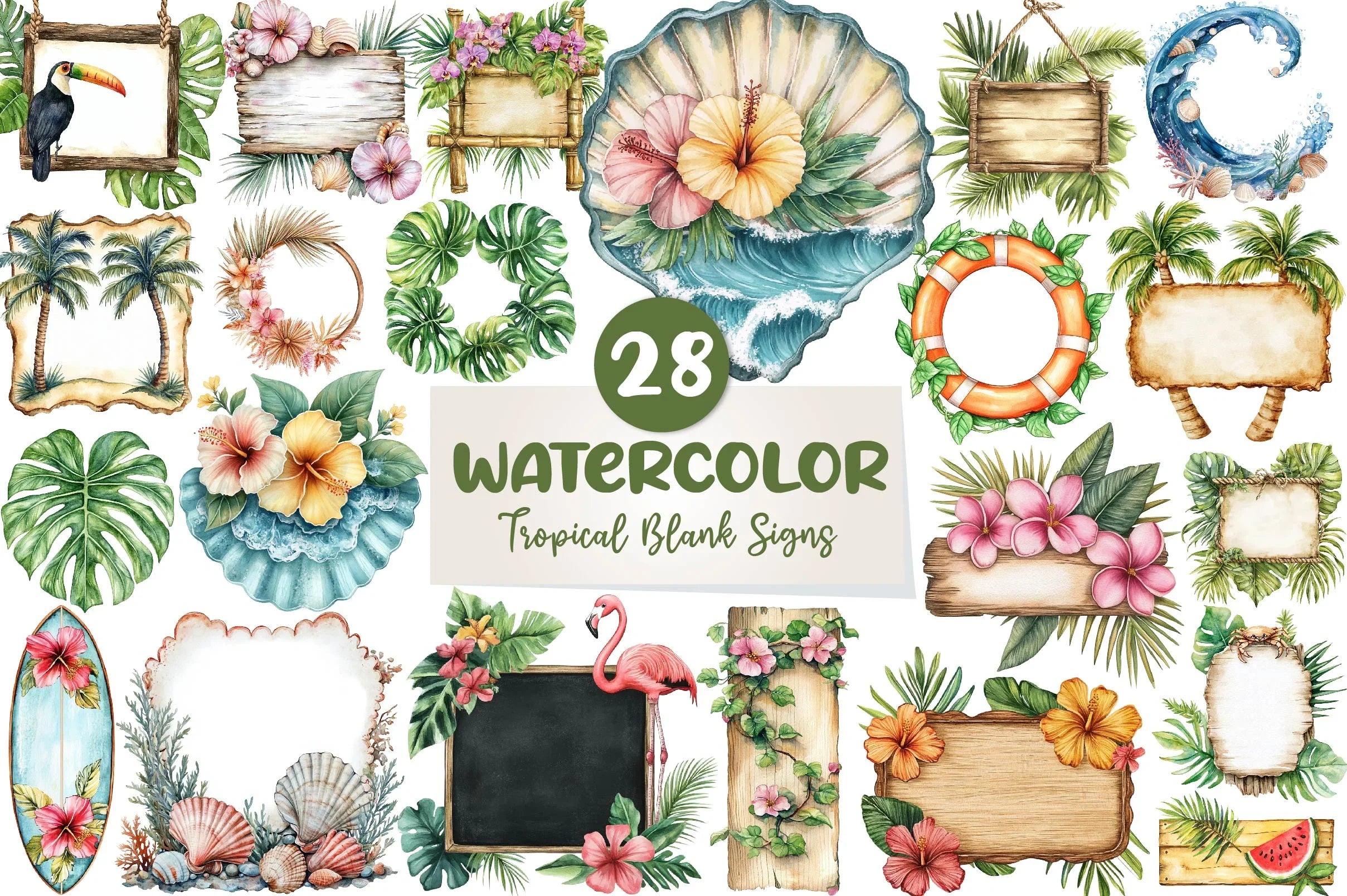 Summer Tropical Blank Signs Clipart Bundle