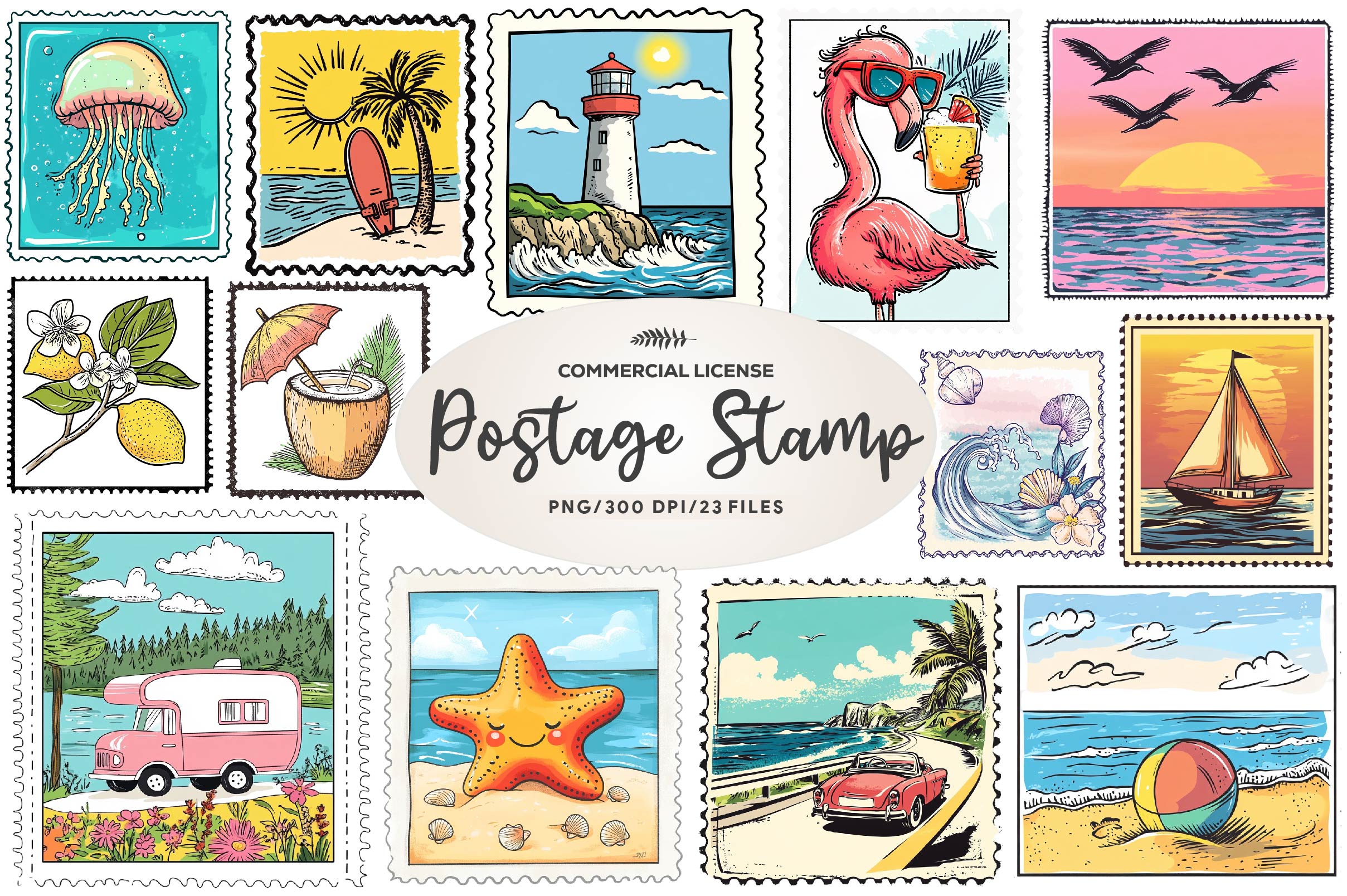 Summer Postage Stamp Clipart Bundle