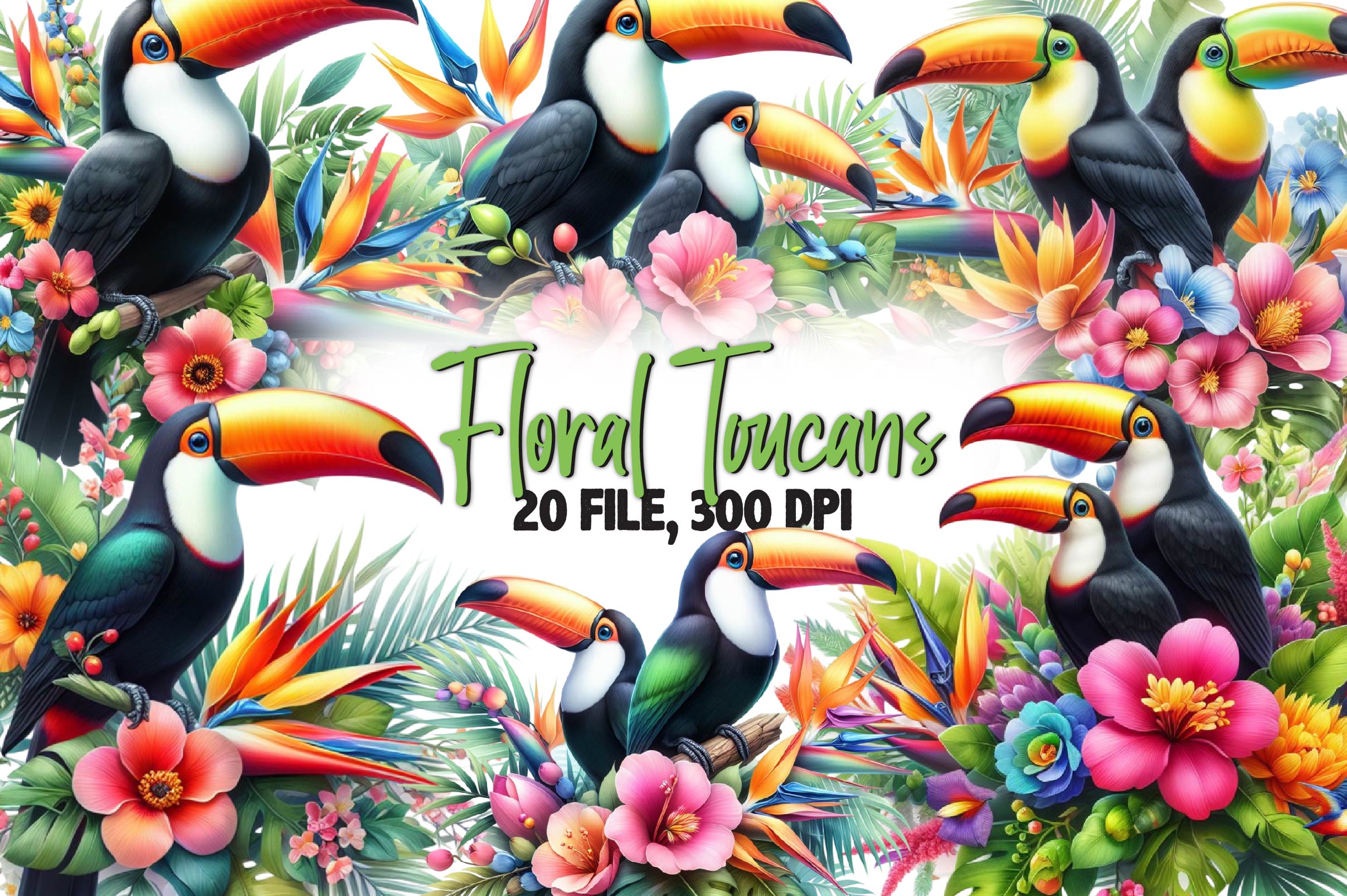 Floral Toucans Clipart Bundle