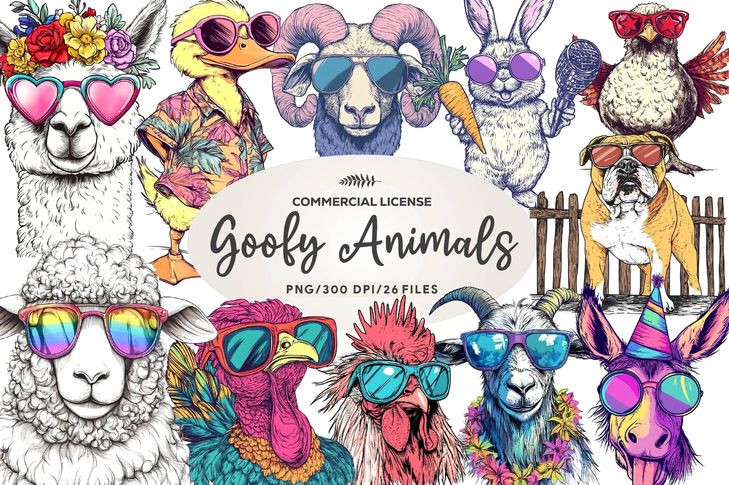 Goofy Farm Animals With Sunglasses Clipart Bundle
