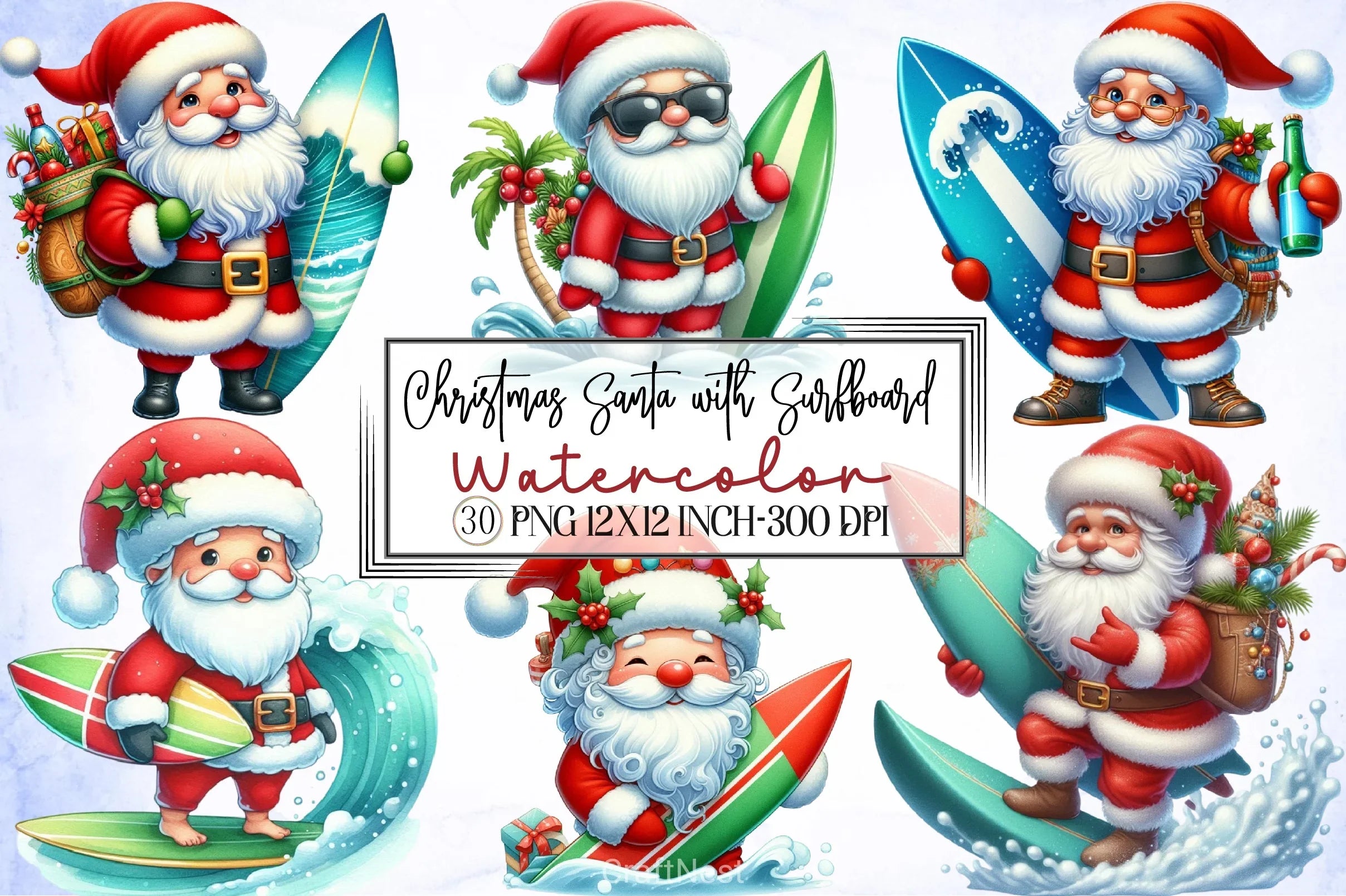 Christmas Santa Surfboard Clipart Bundle