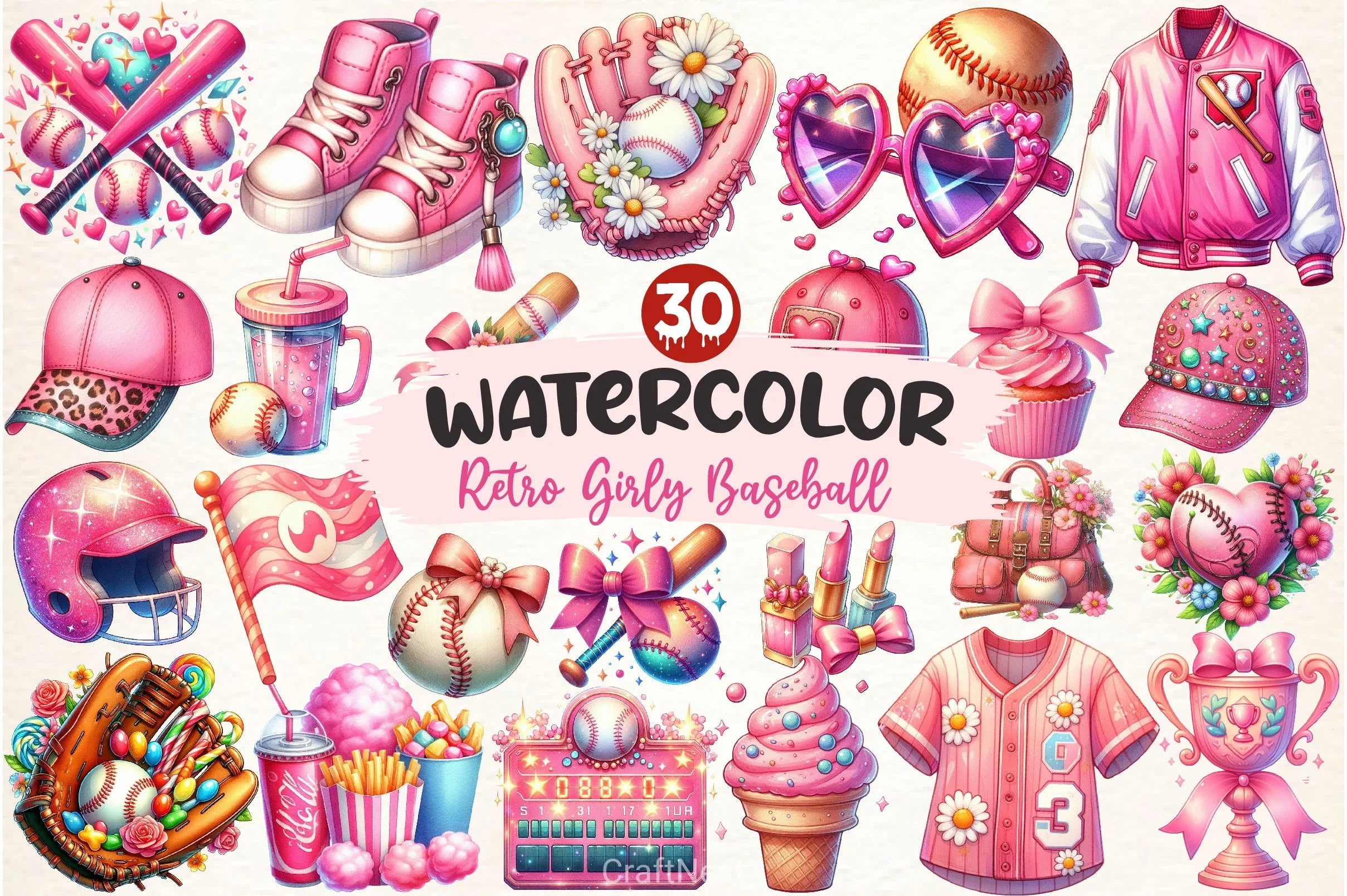 Retro Girly Baseball Clipart Bundle