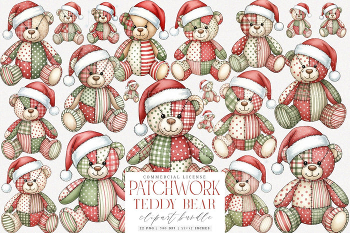 Patchwork Teddy Bear Clipart Bundle