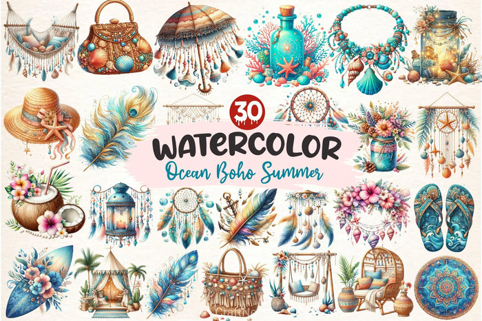 Ocean Boho Summer Clipart Bundle
