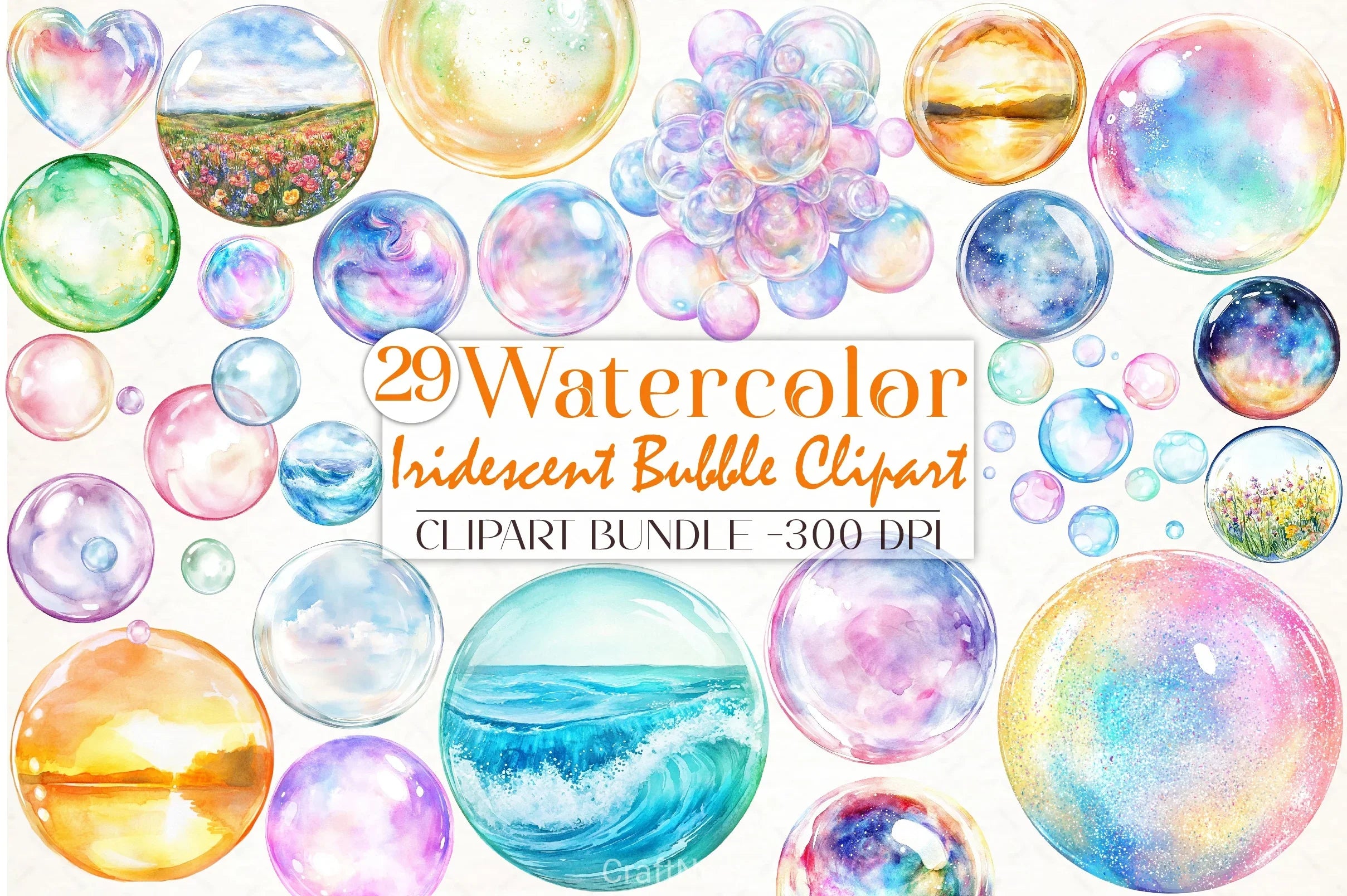 Watercolour Iridescent Bubble Clipart Bundle