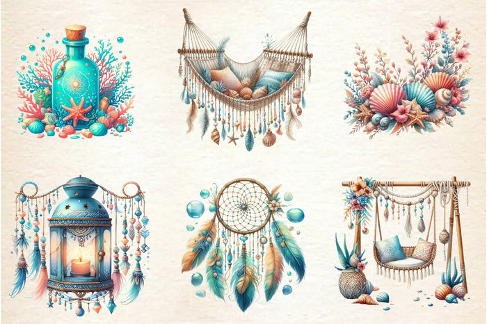 Ocean Boho Summer Clipart Bundle