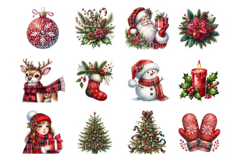 Red Christmas Retro Clipart Bundle: Santa, Reindeer, Snowmen & Gingerb