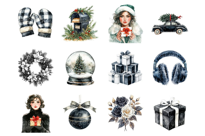 Black & White Christmas Clipart Bundle 1