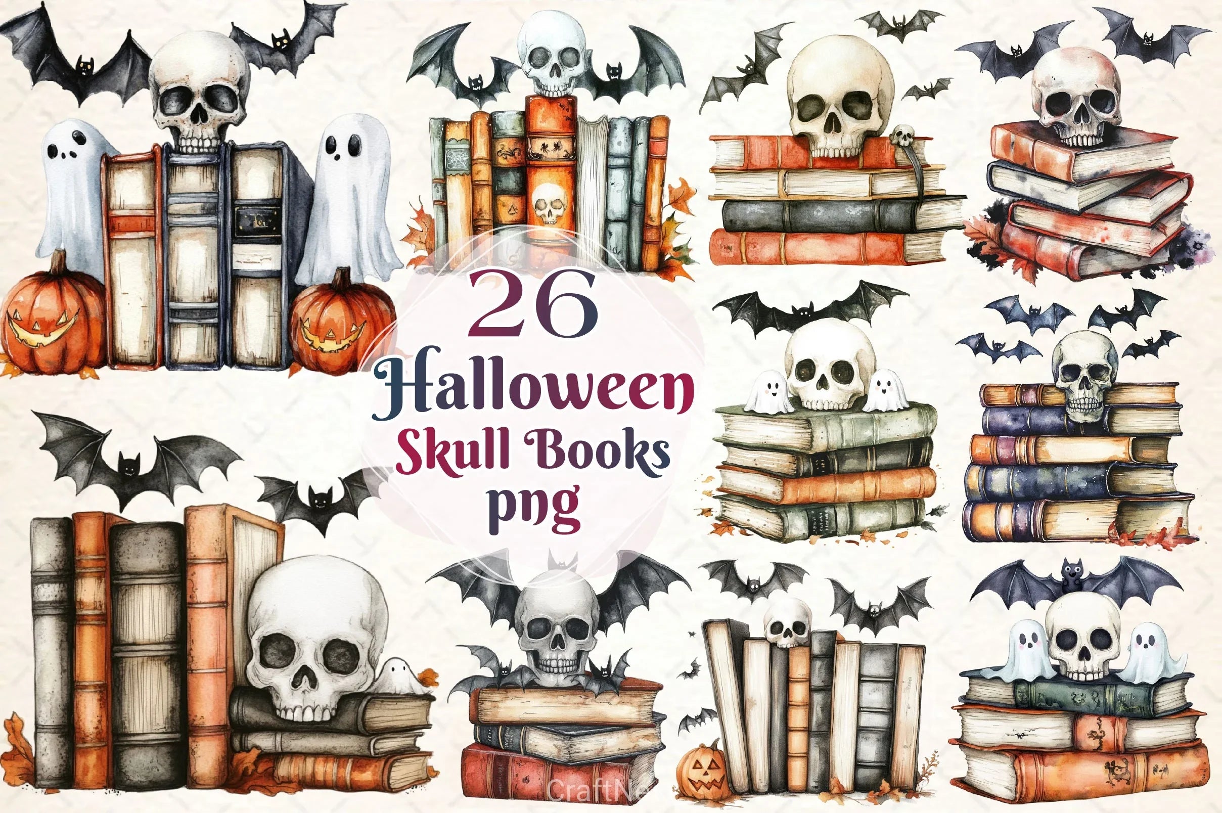 Skull Spell Books Spooky Halloween Clipart Bundle