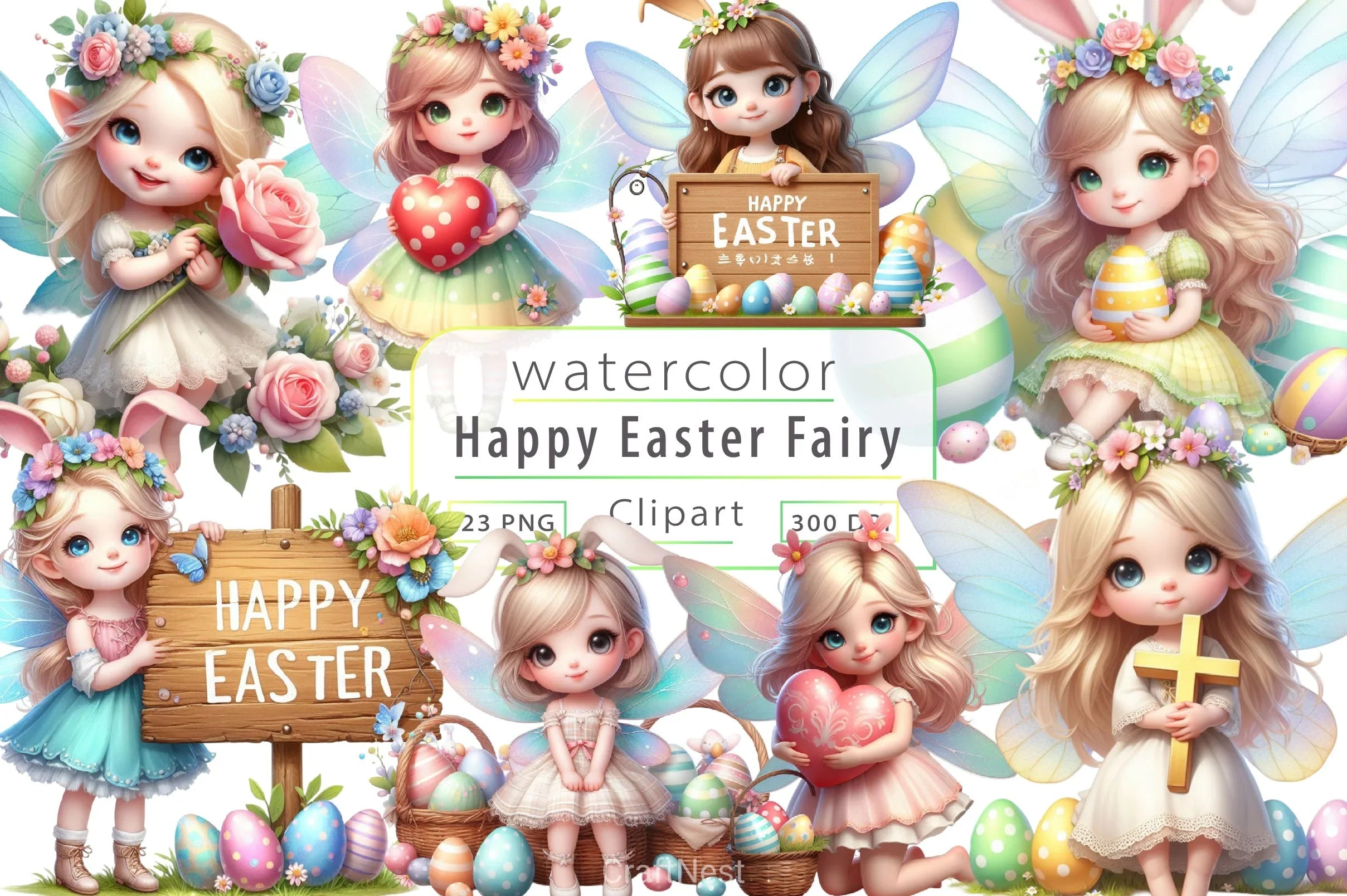 Cute Happy Easter Fairy Clipart Bundle