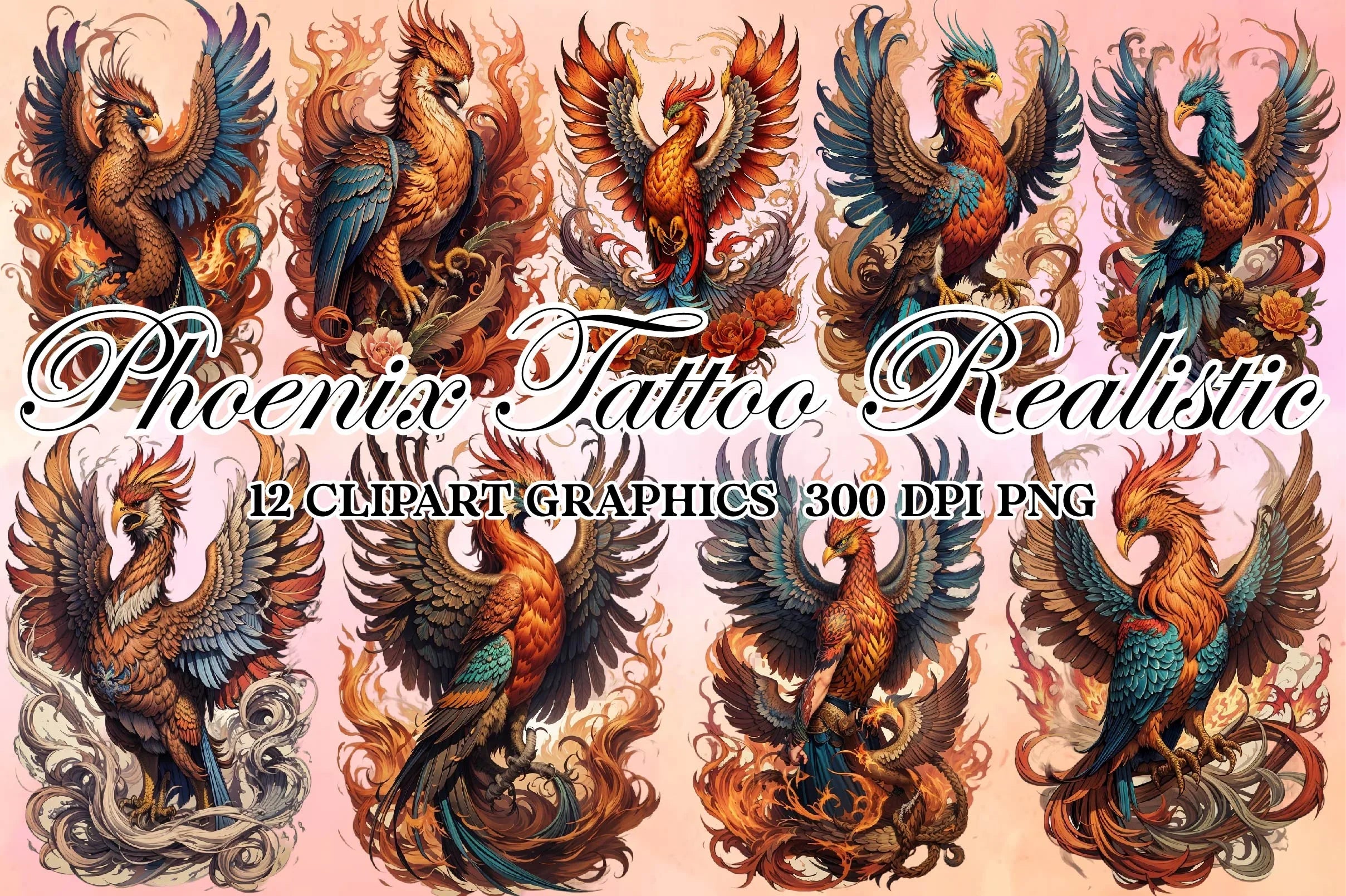 Phoenix Tattoo Realistic Old School Clipart Bundle