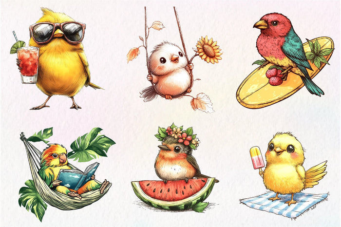 Quirky Whimsical Summer Birds Clipart Bundle