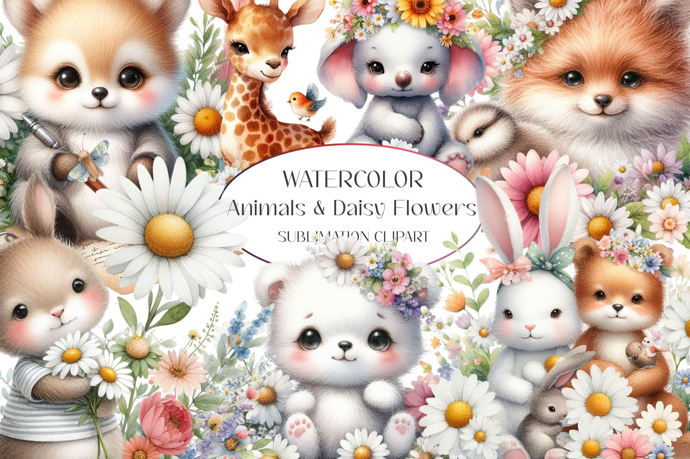 Cute Animals & Daisy Flowers Clipart Bundle
