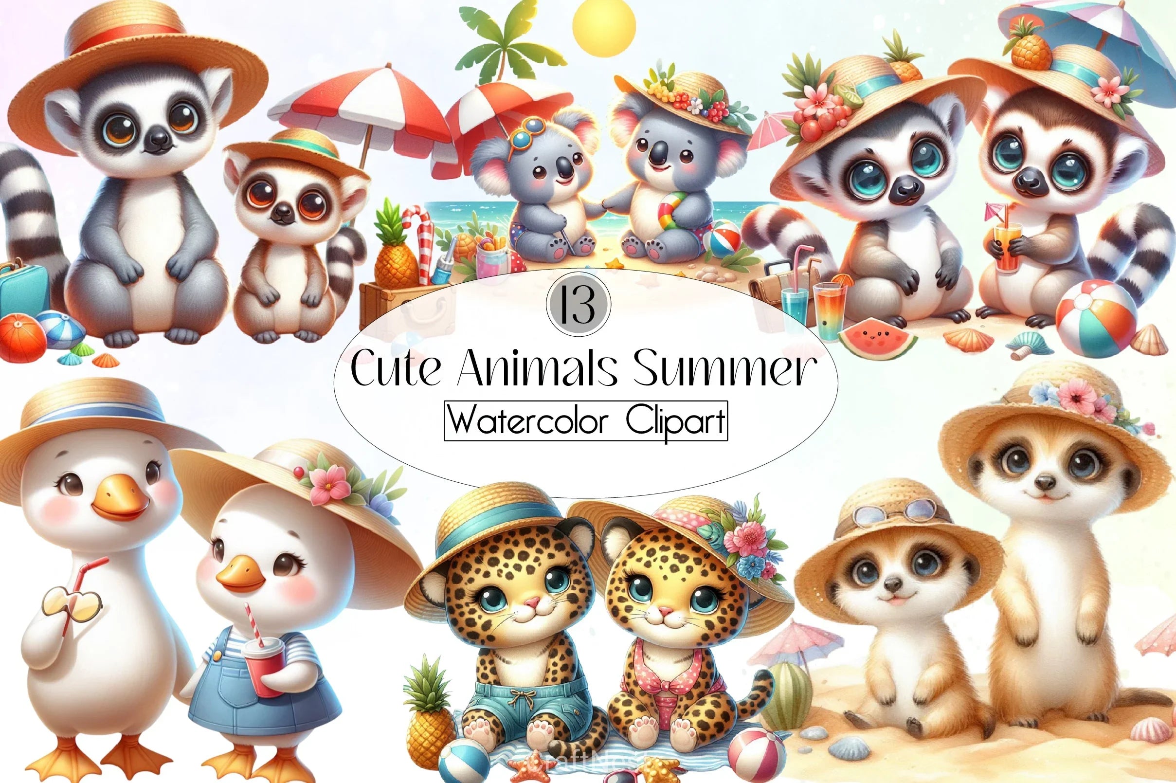 Cute Animals Summer Clipart Bundle