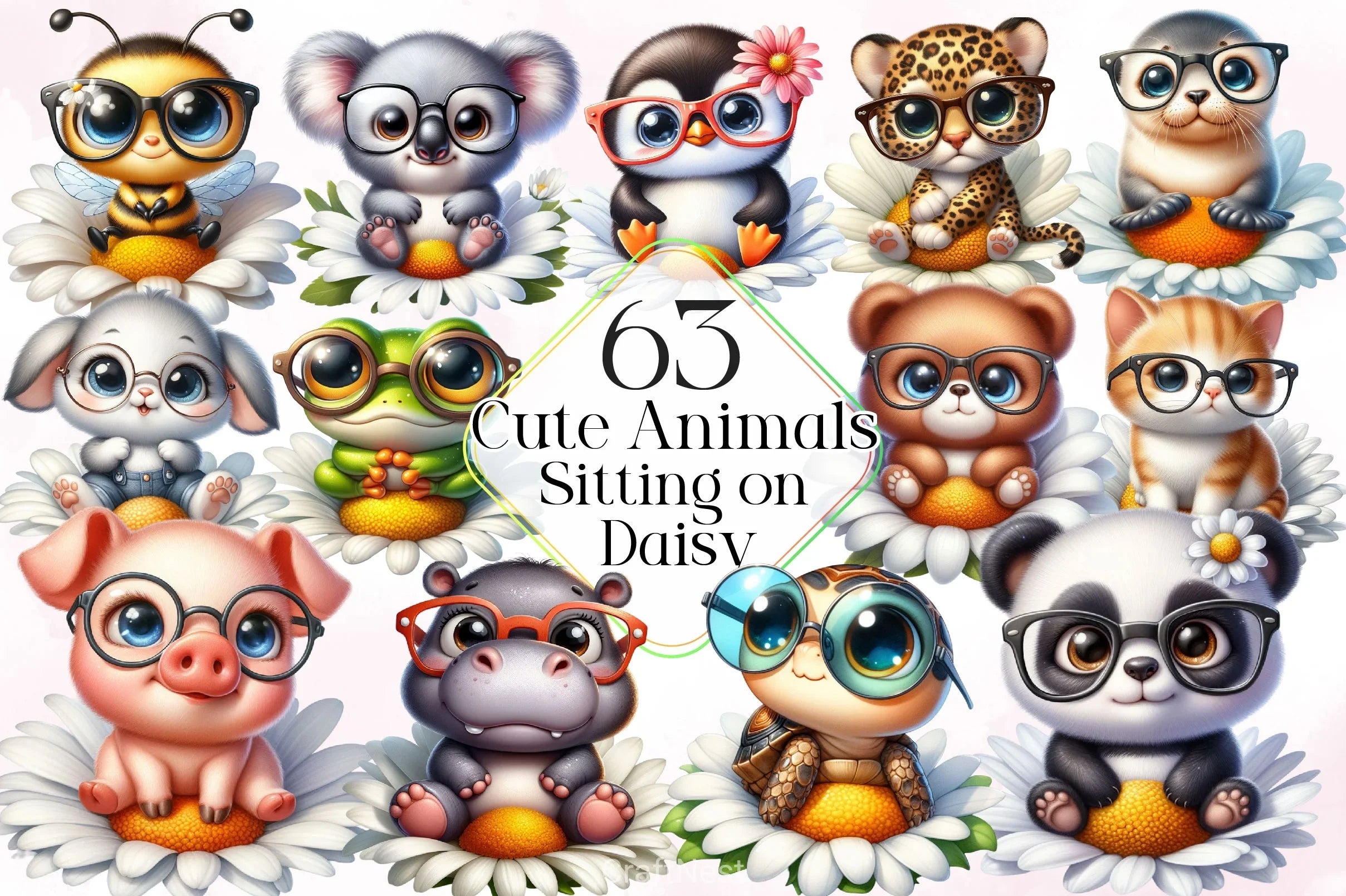 Cute Animals Sitting On Daisy Clipart Bundle