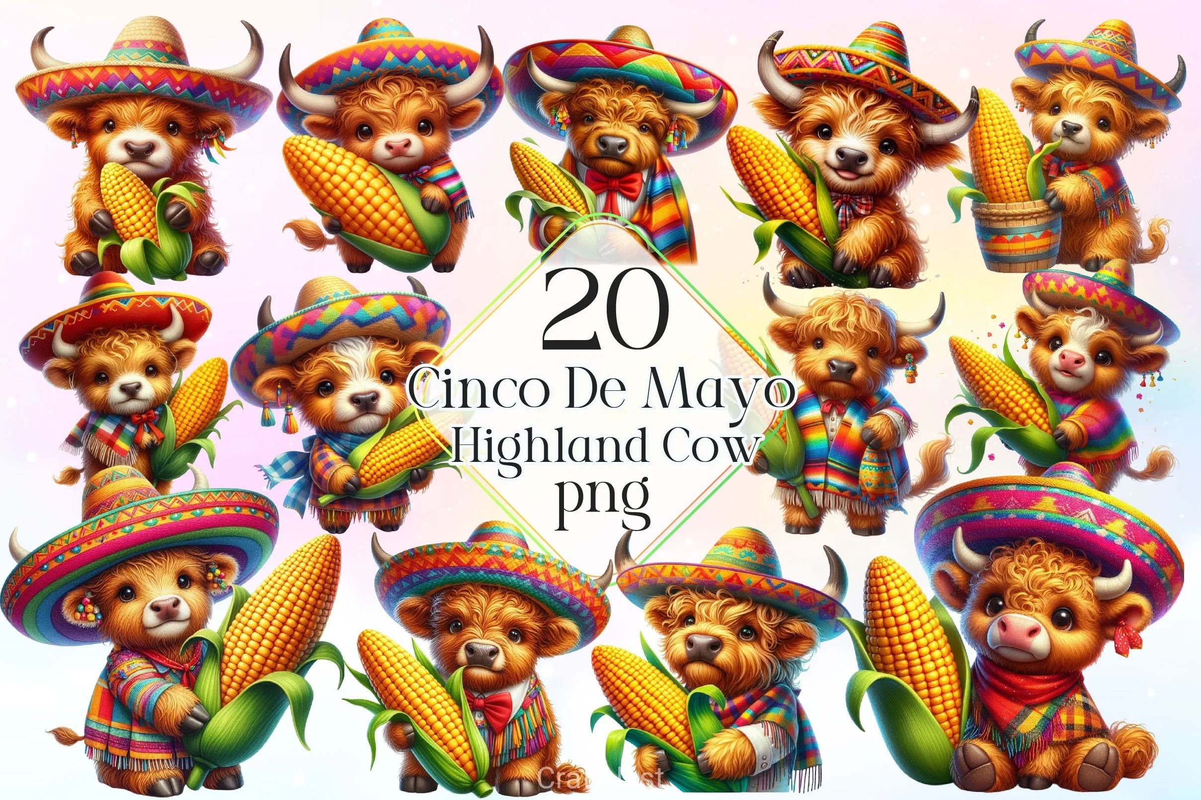 Cinco De Mayo Highland Cow Clipart Bundle