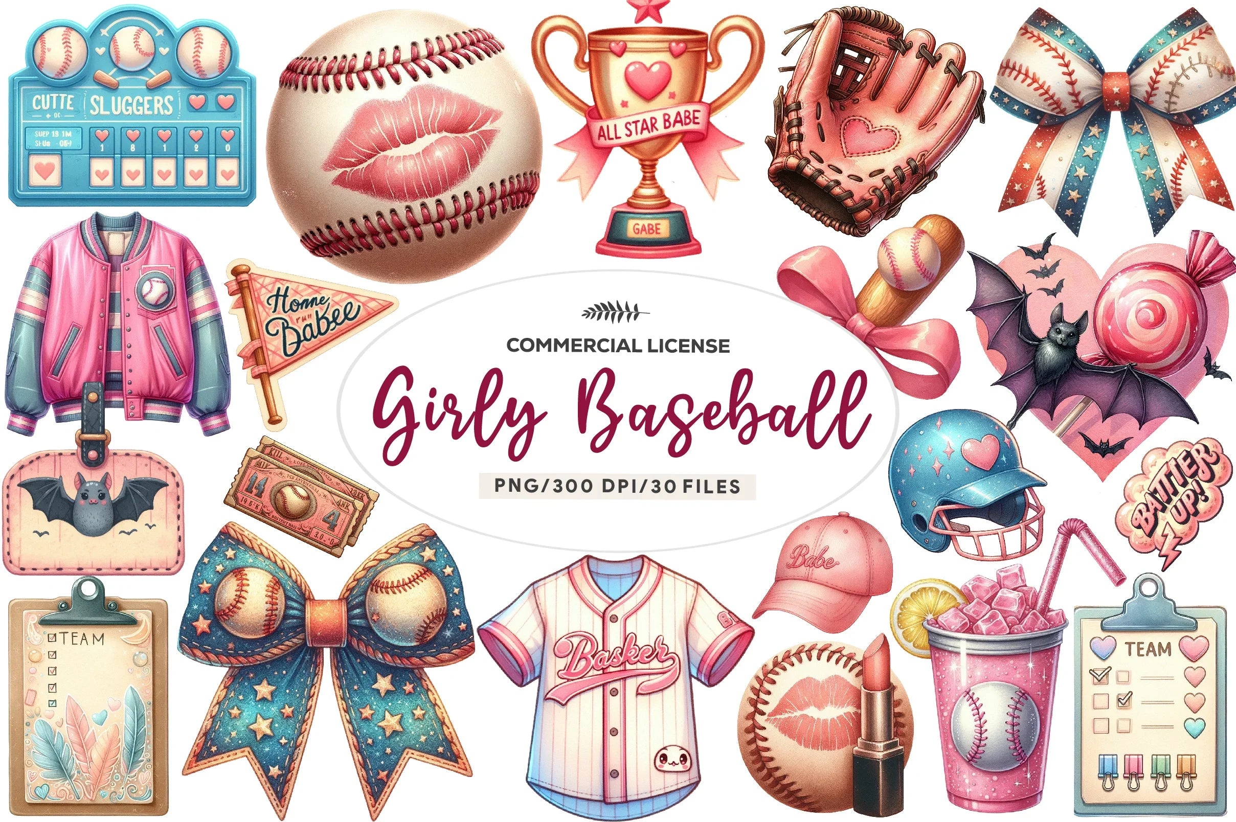 Retro Girly Baseball Clipart Bundle