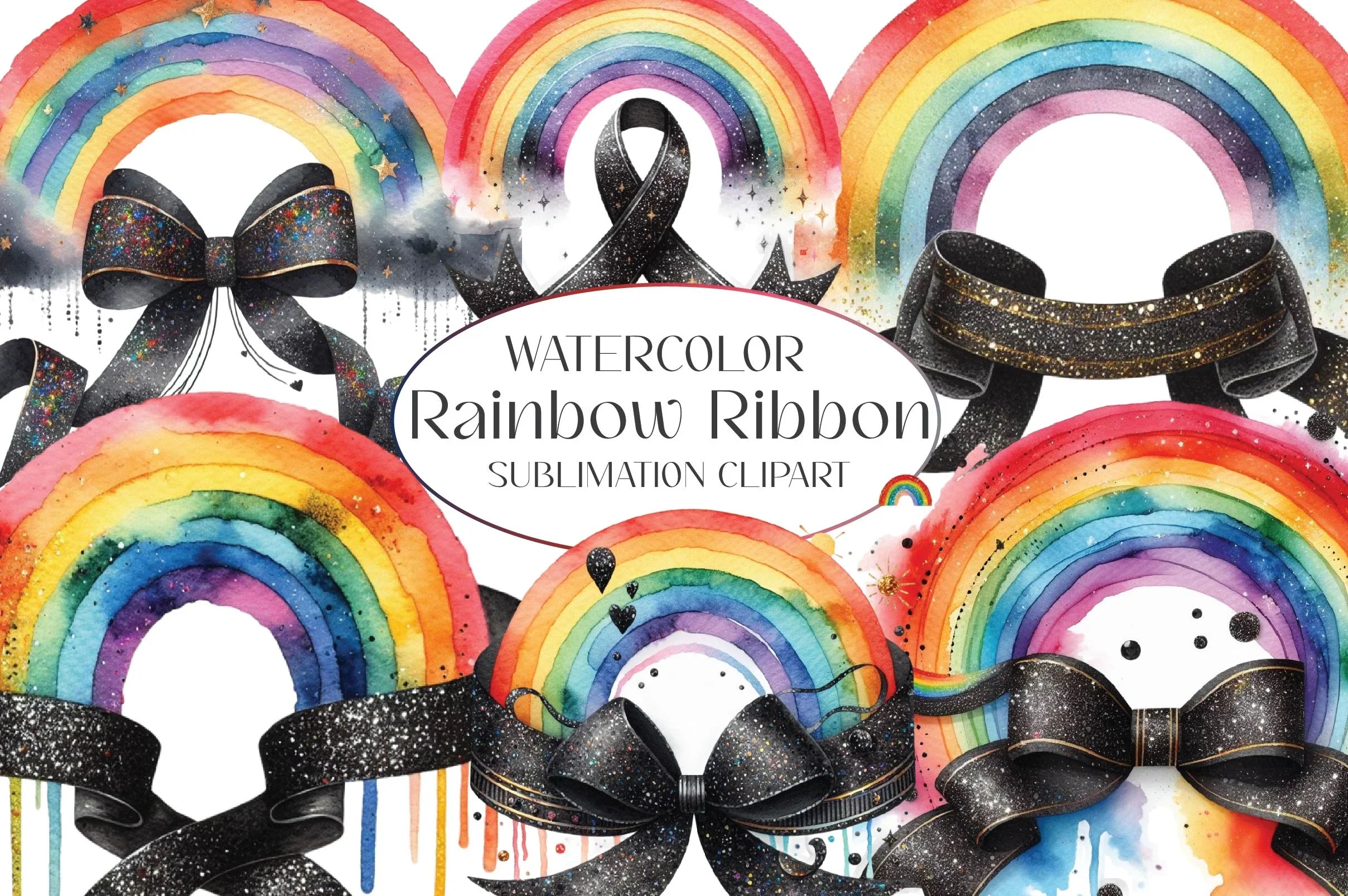 Watercolour Rainbow Ribbon Clipart Bundle
