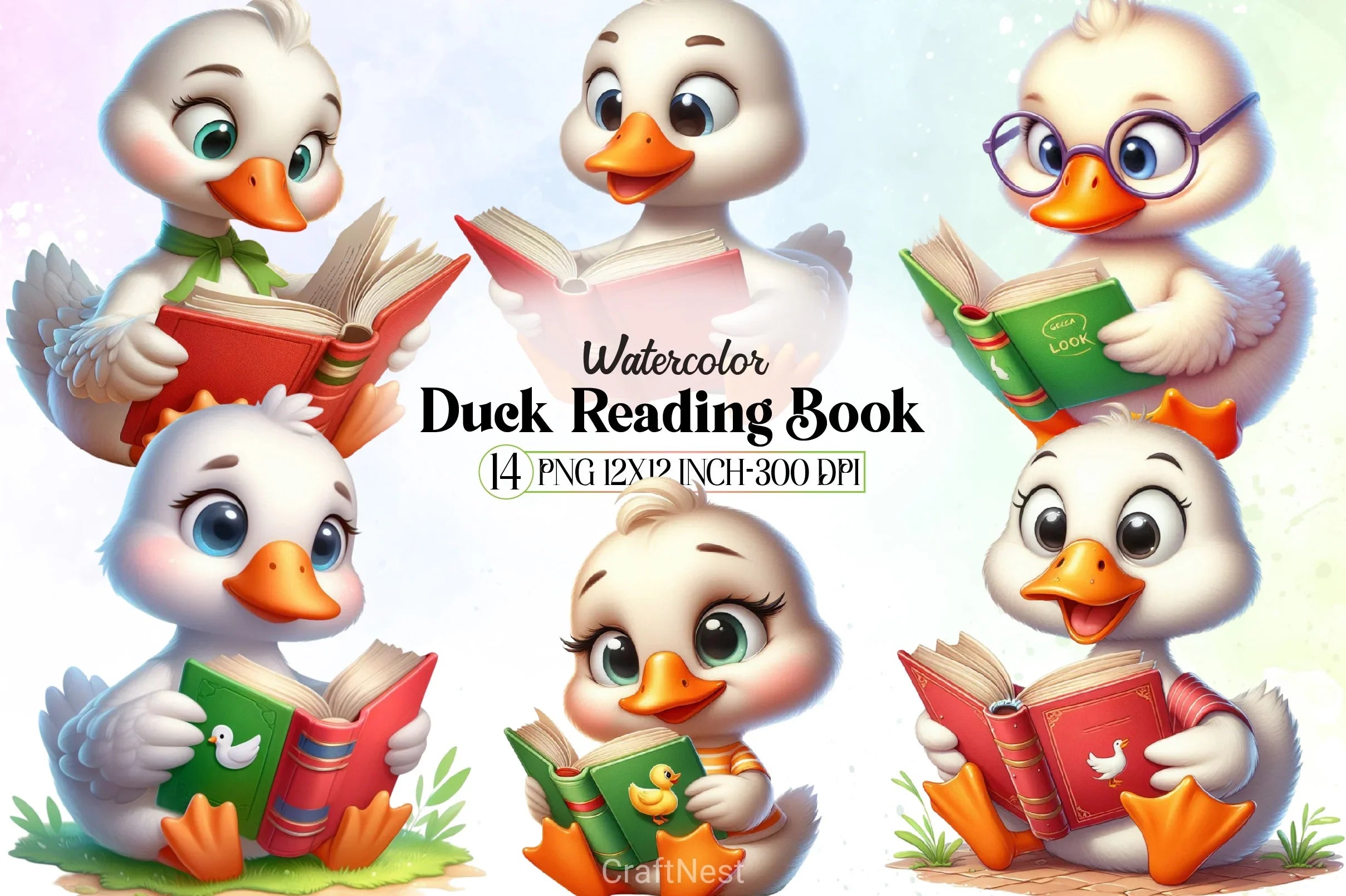 Cute Duck Reading Clipart Bundle
