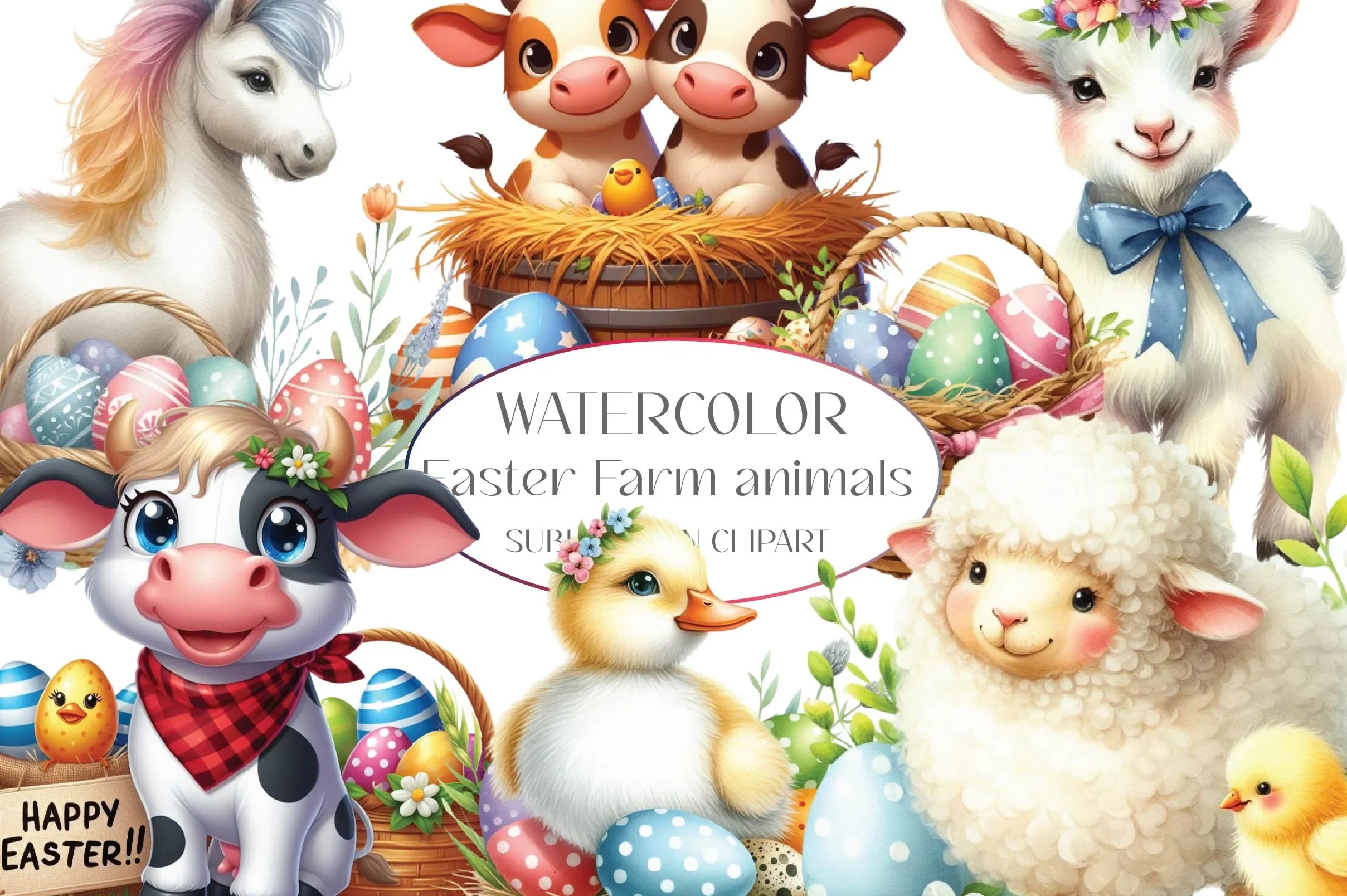 Easter Farm Animals Clipart Bundle