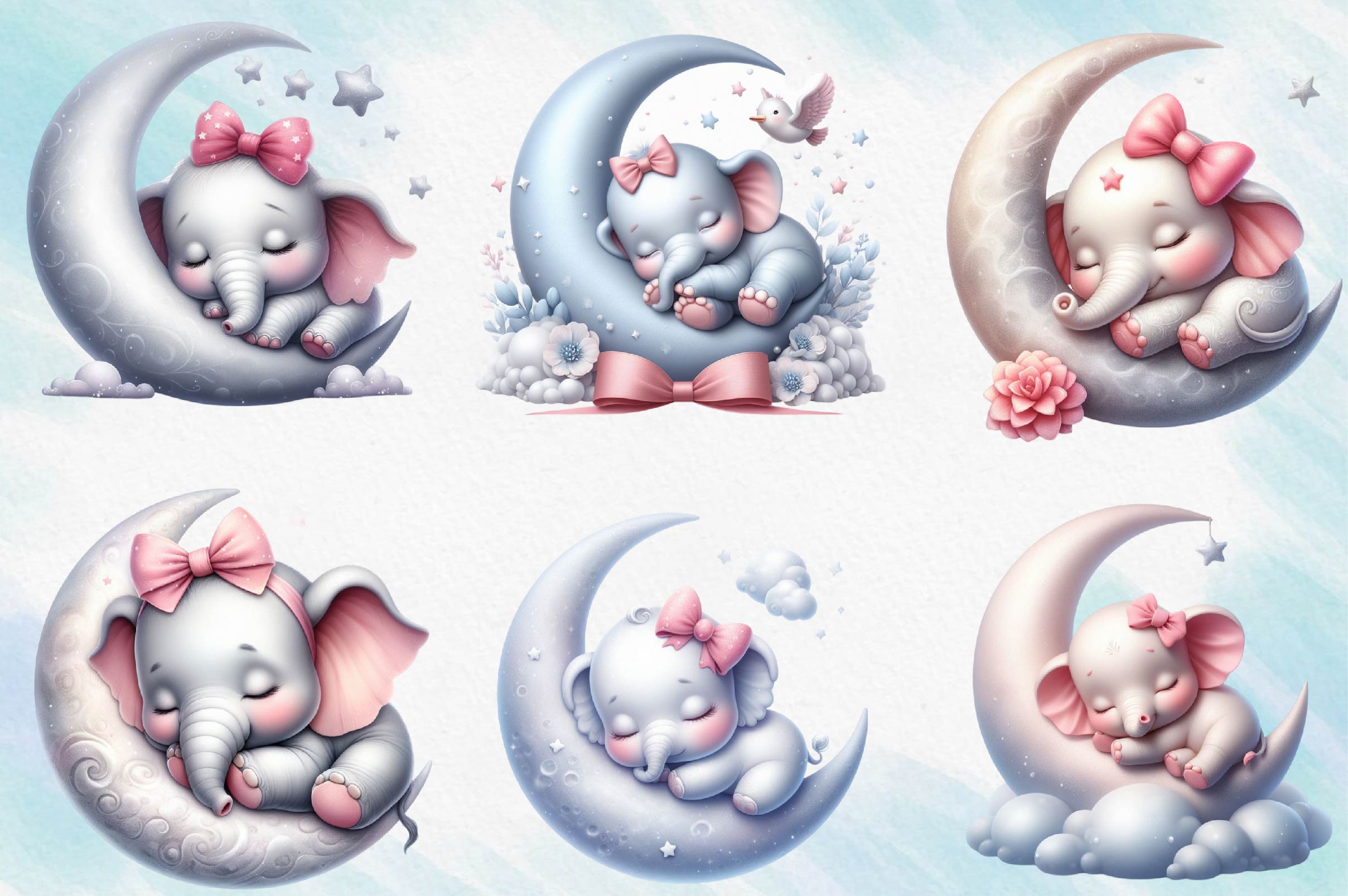 Watercolour Sleeping Baby Elephant Clipart Bundle