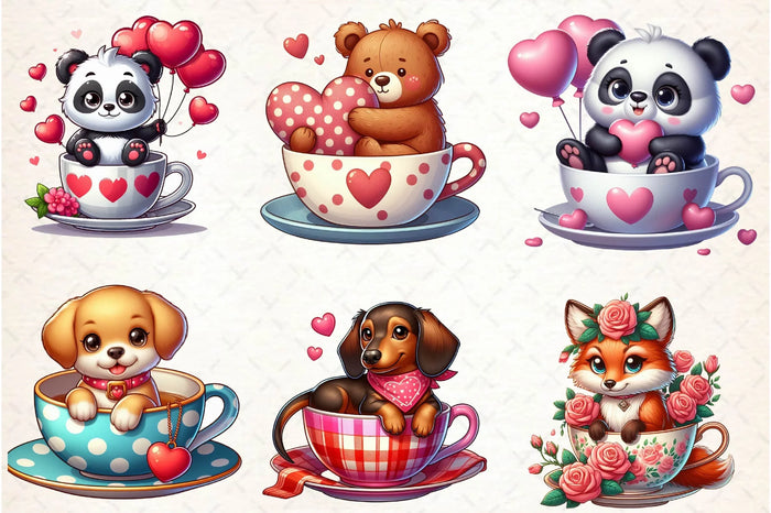 Valentine Animals Tea Cup Clipart Bundle